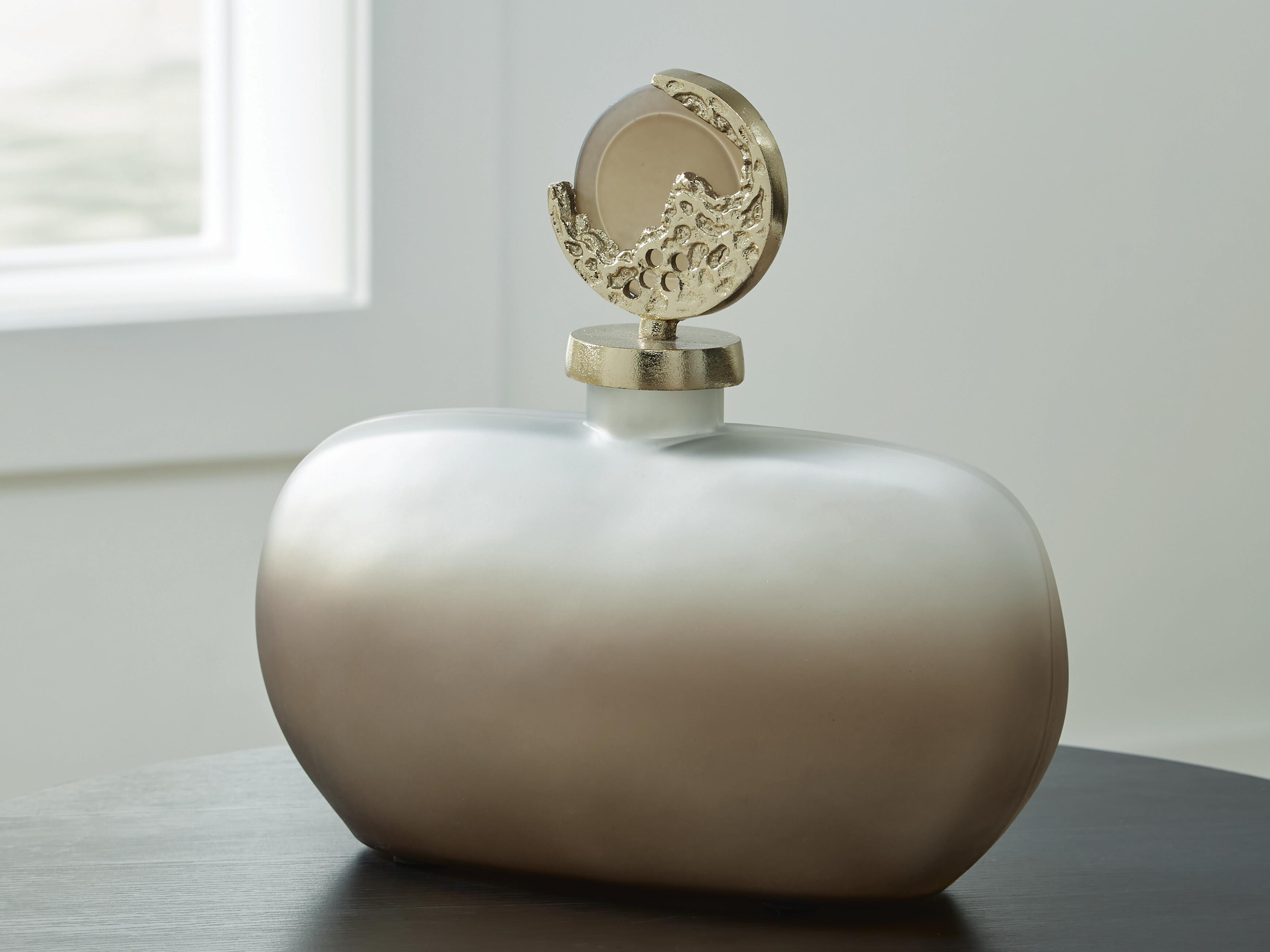 Click here for Acario Frosted Glass Jar   Taupe/Gold Finish prices