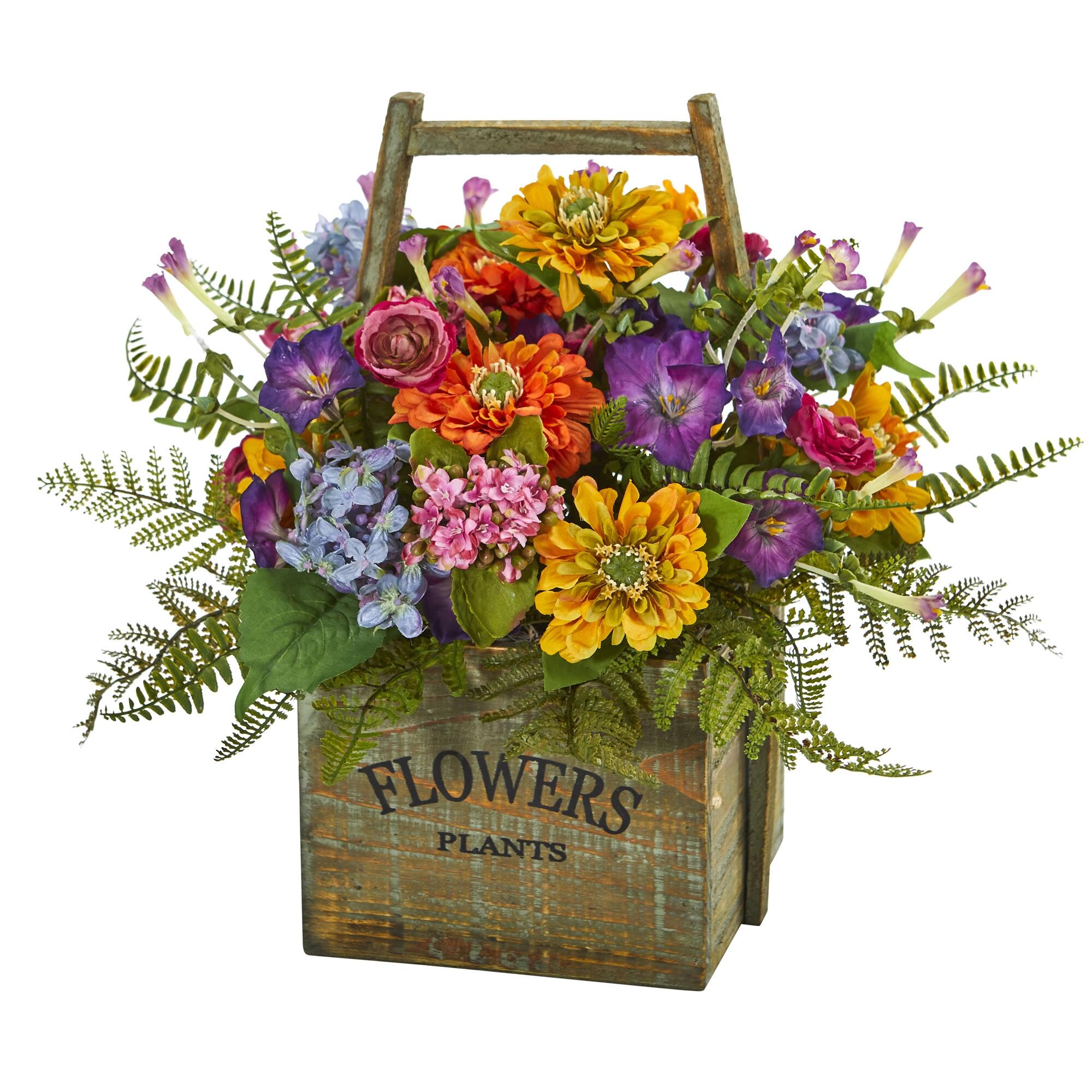 Click here for Mixed Floral Artificial Arrangement in Wood Basket... prices