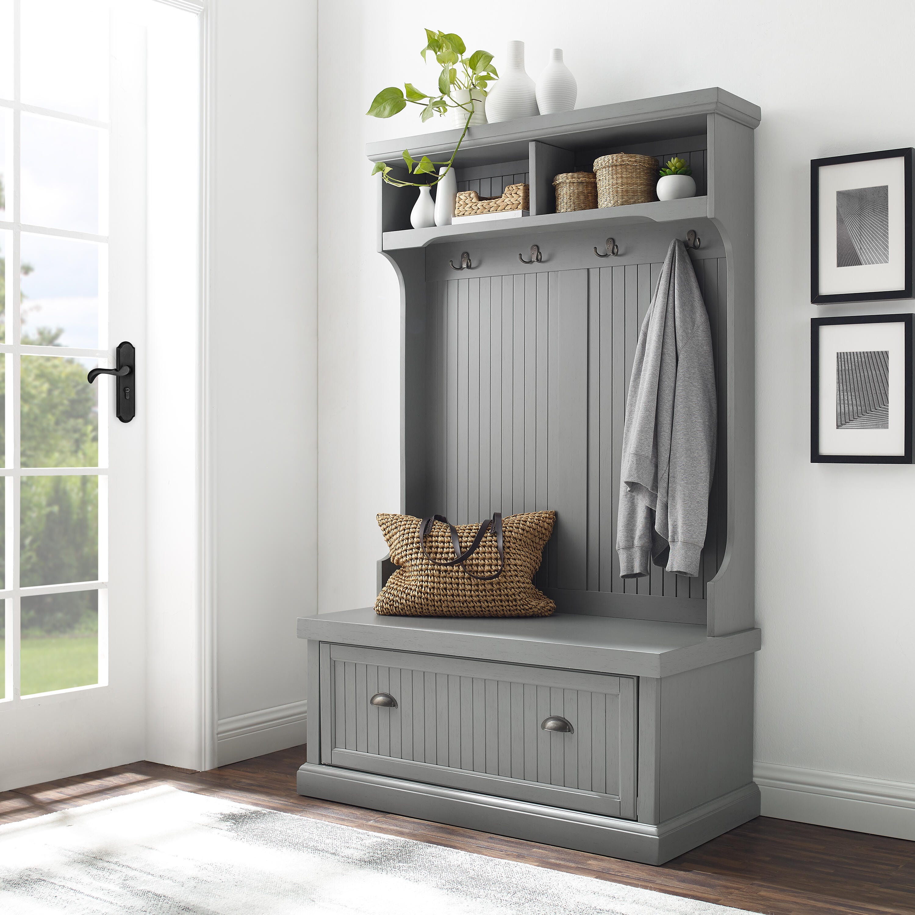 Click here for Crosley Seaside Hall Tree  Distressed Gray prices