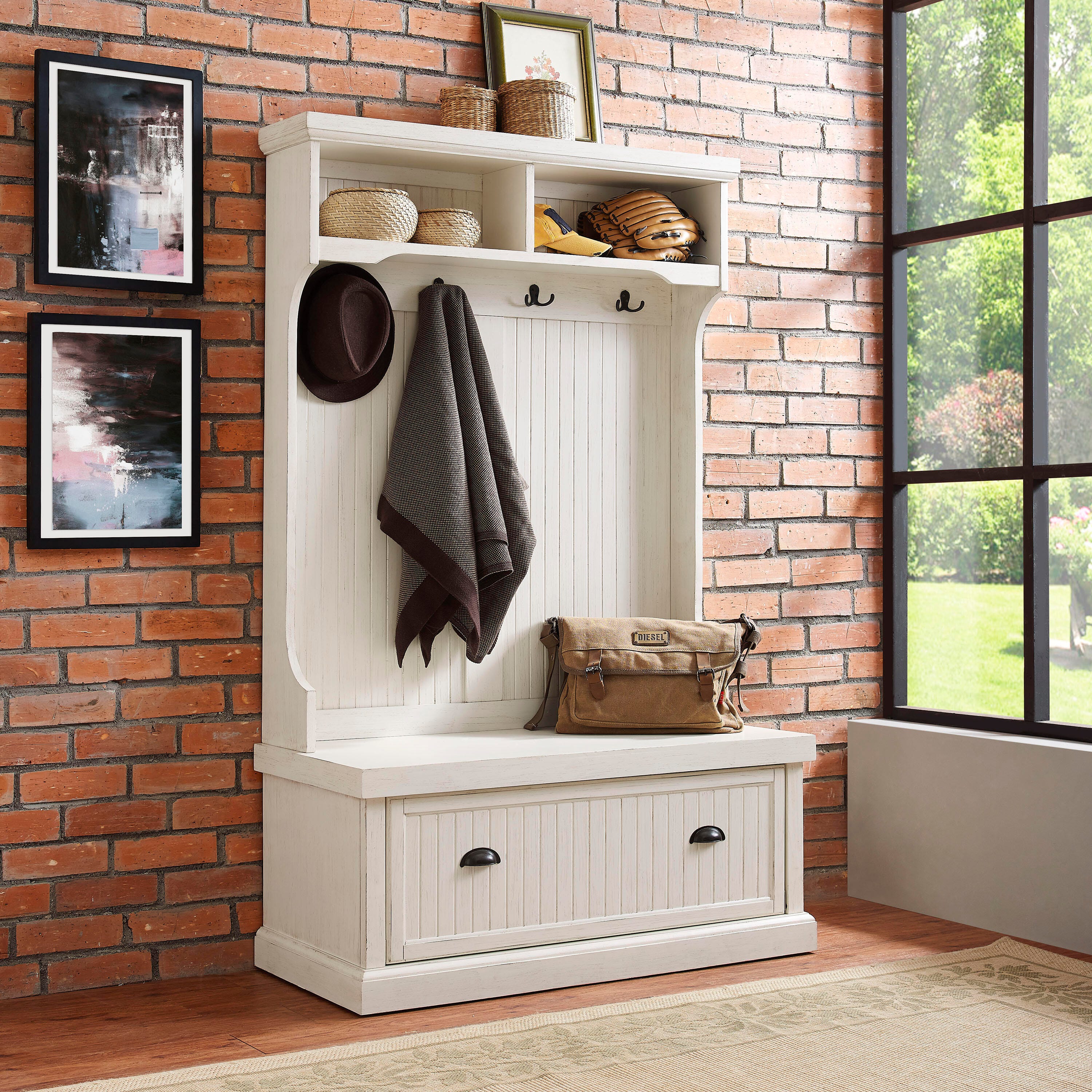 Click here for Crosley Seaside Hall Tree  Distressed White prices
