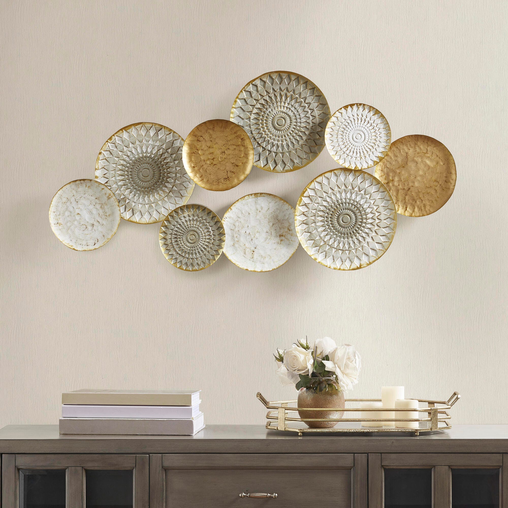 Click here for White River Multi-colored Geometric Metal Discs Wa... prices