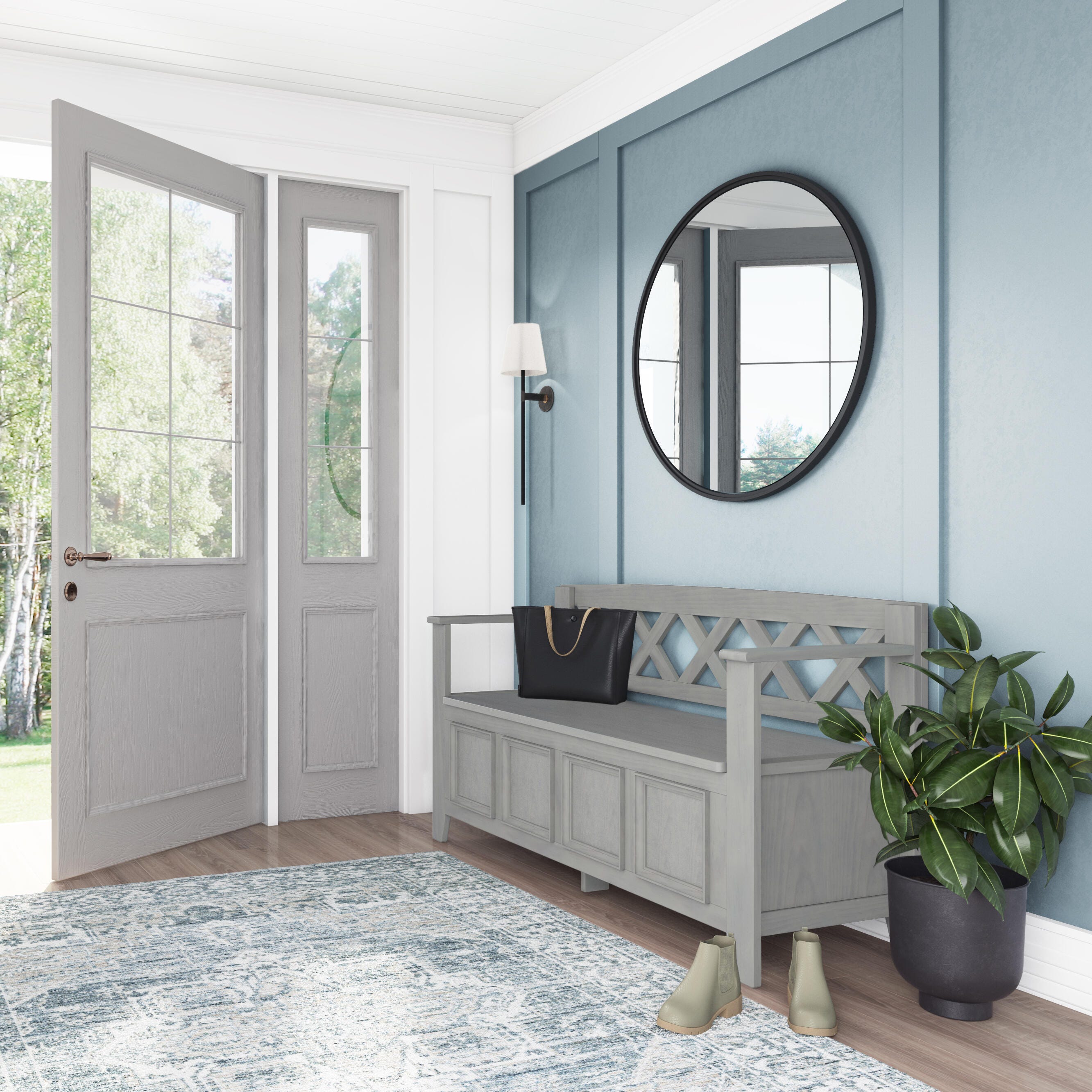 Click here for Simpli Home Amherst Entryway Storage Bench  Fog Gr... prices