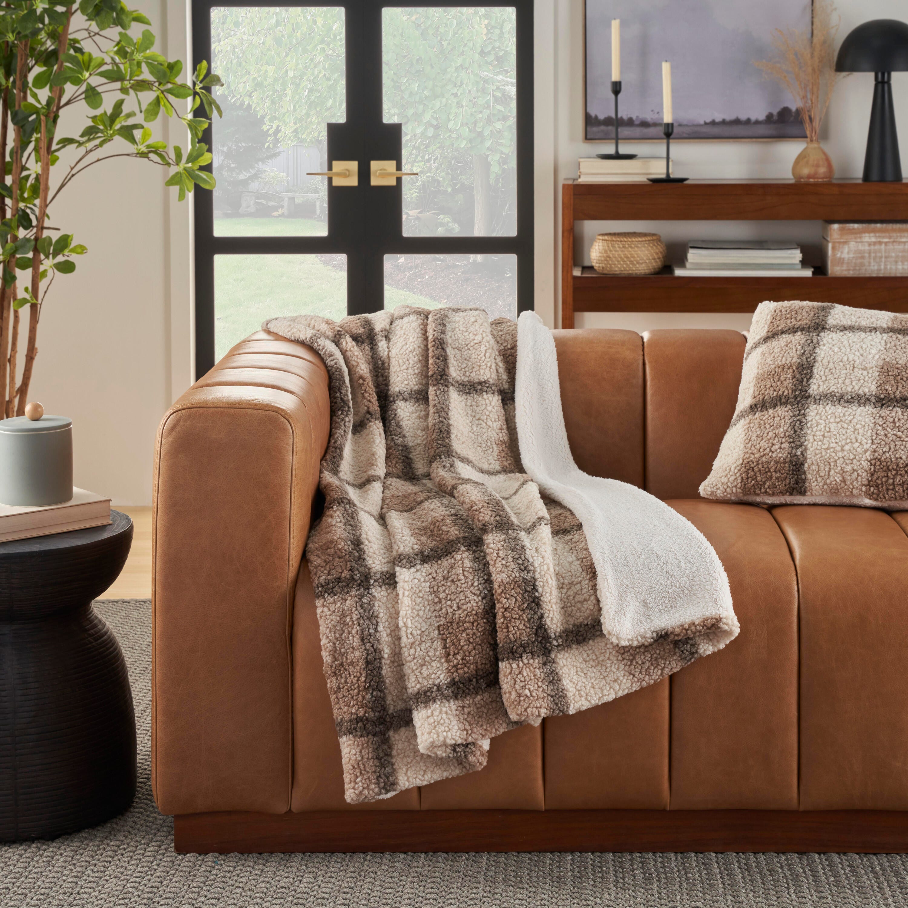 Click here for Mina Victory Faux Fur Plaid Sherpa Blanket  Brown prices