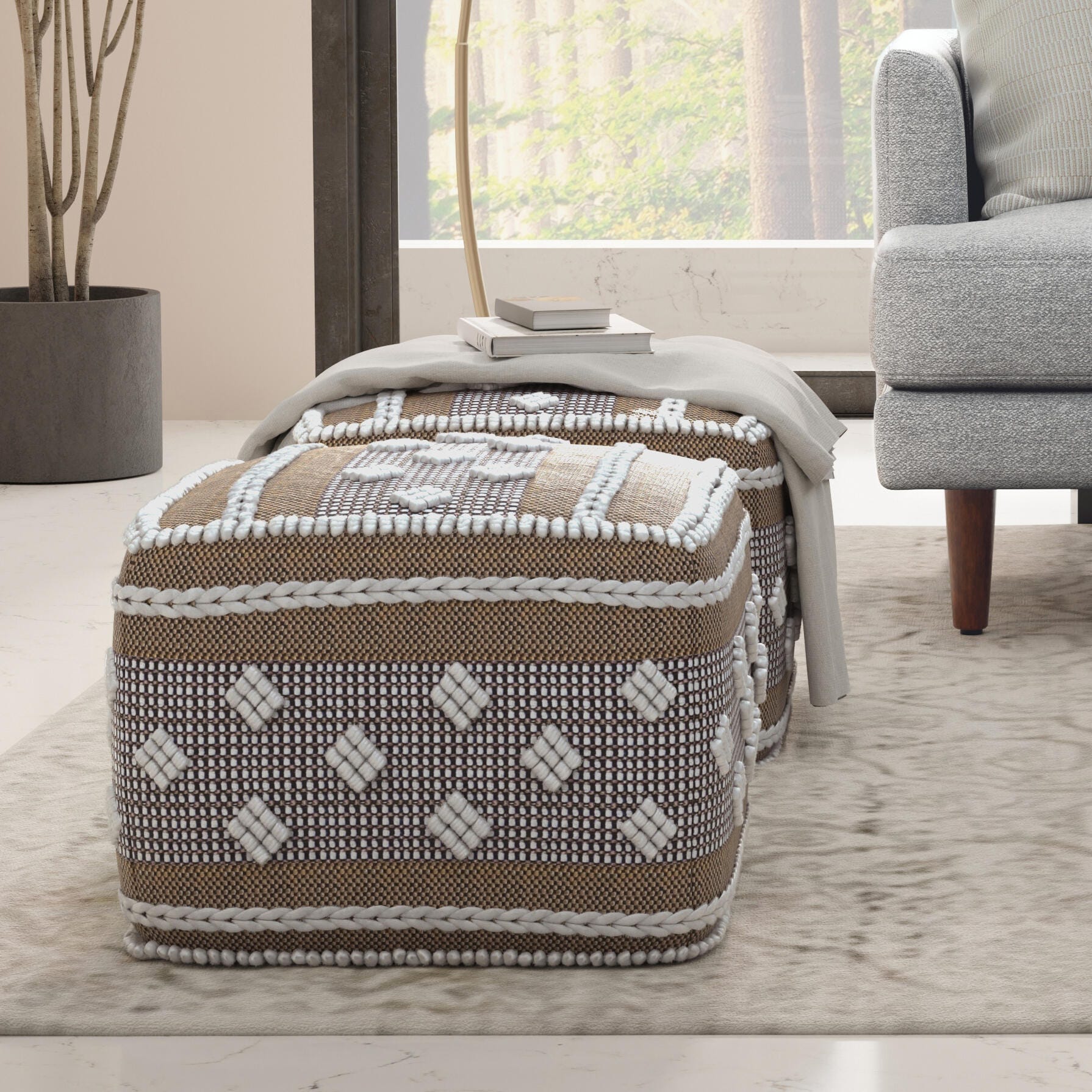 Click here for Simpli Home Indoor/Outdoor Mapleton Pouf  White/Be... prices