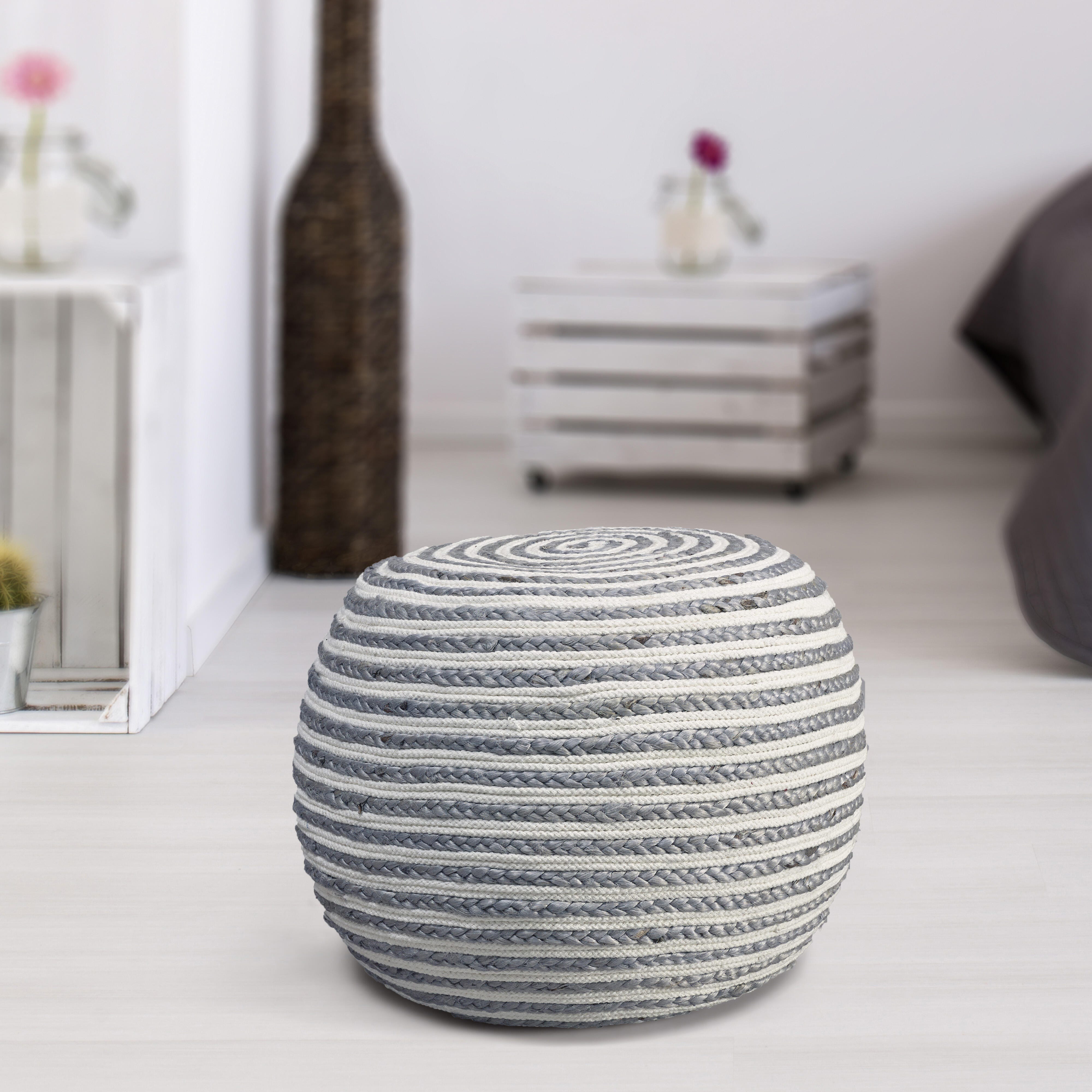 Click here for Serena Striped Braided Pouf  Gray/White prices