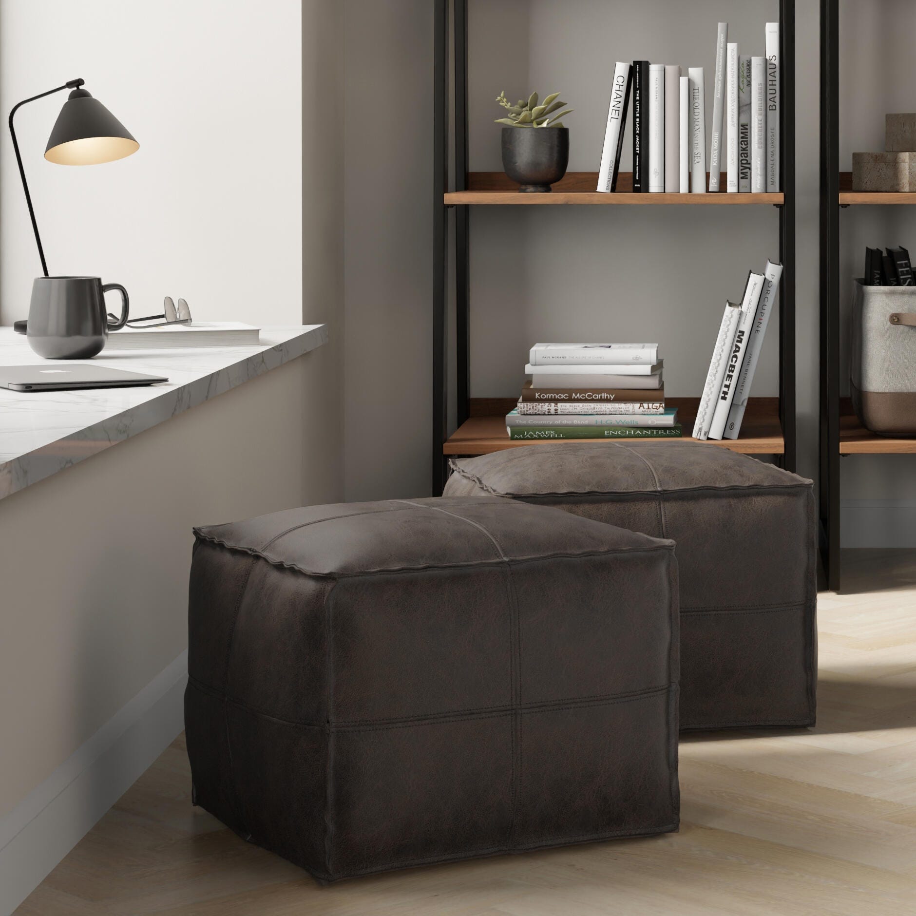 Click here for Simpli Home Sheffield Pouf  Distressed Dark Brown prices