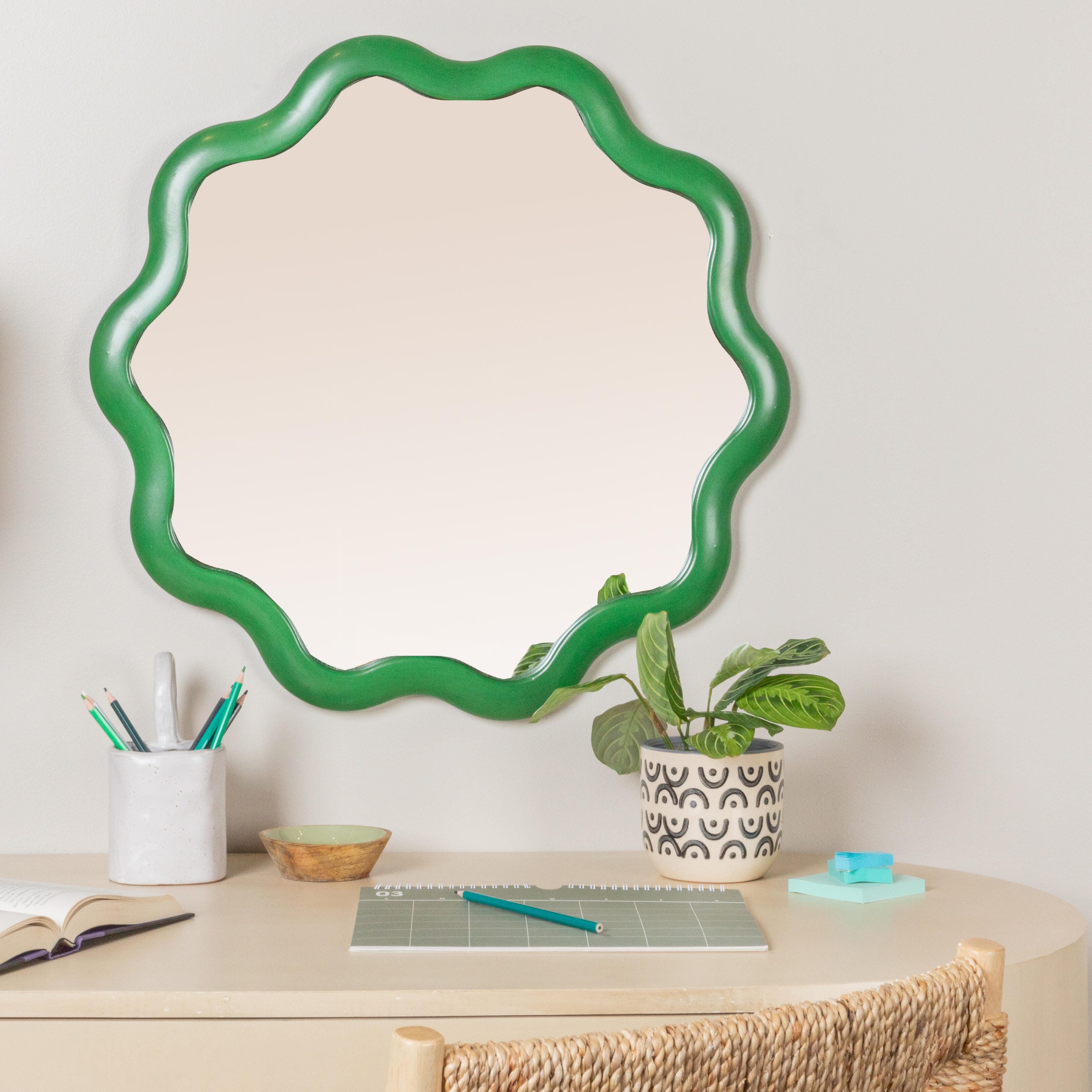 Click here for Storied Home Scalloped Wavy Wall Mirror  Green prices
