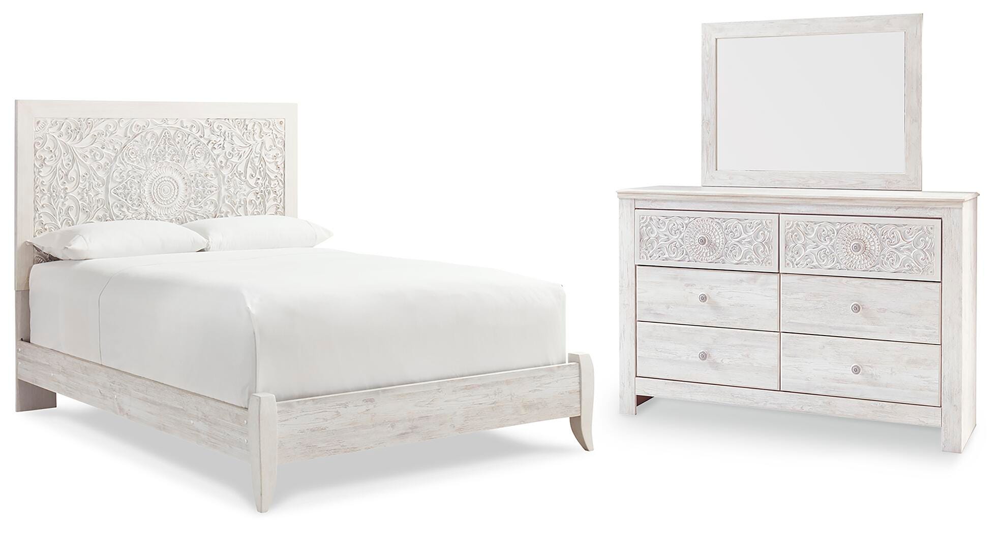 Click here for Paxberry Queen Panel Bed with Mirrored Dresser  Wh... prices