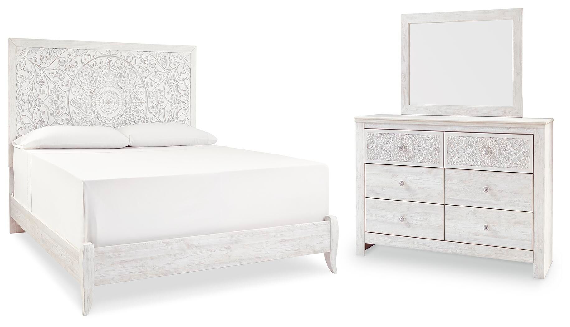 Click here for Paxberry King Panel Bed with Mirrored Dresser  Whi... prices