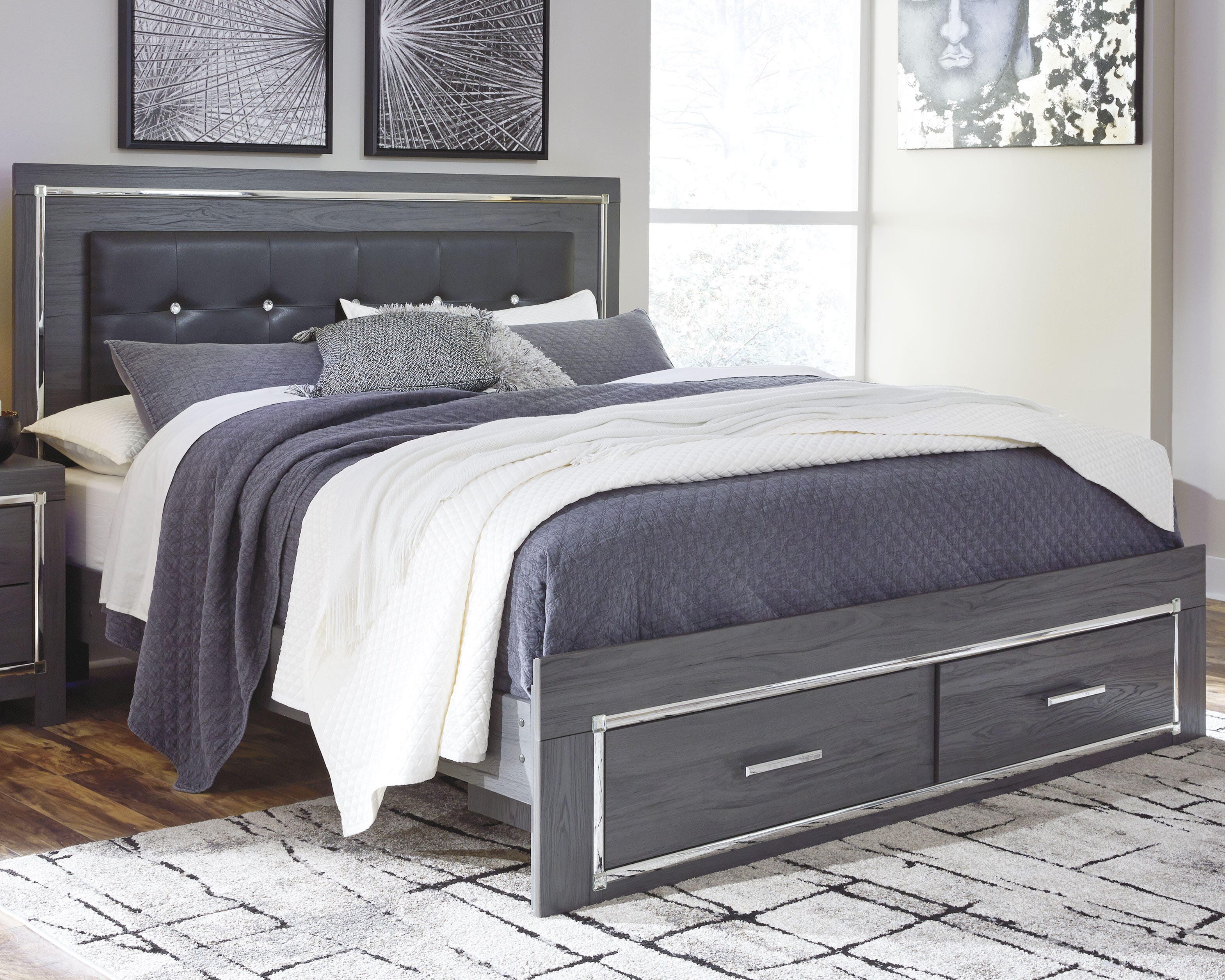 Click here for Lodanna King Panel Bed with 2 Storage Drawers  Gra... prices