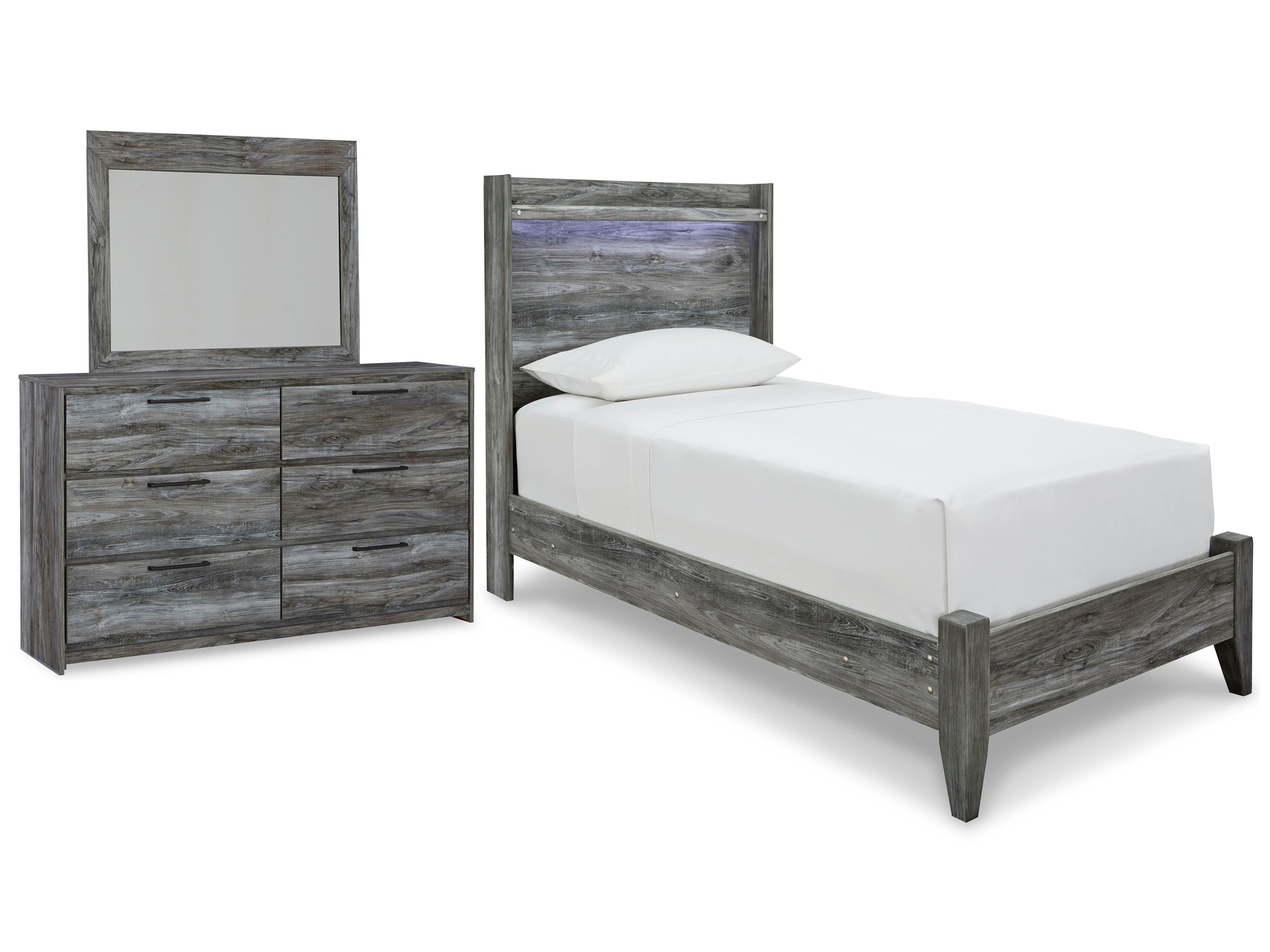 Click here for Baystorm Twin Panel Bed with Mirrored Dresser  Gra... prices
