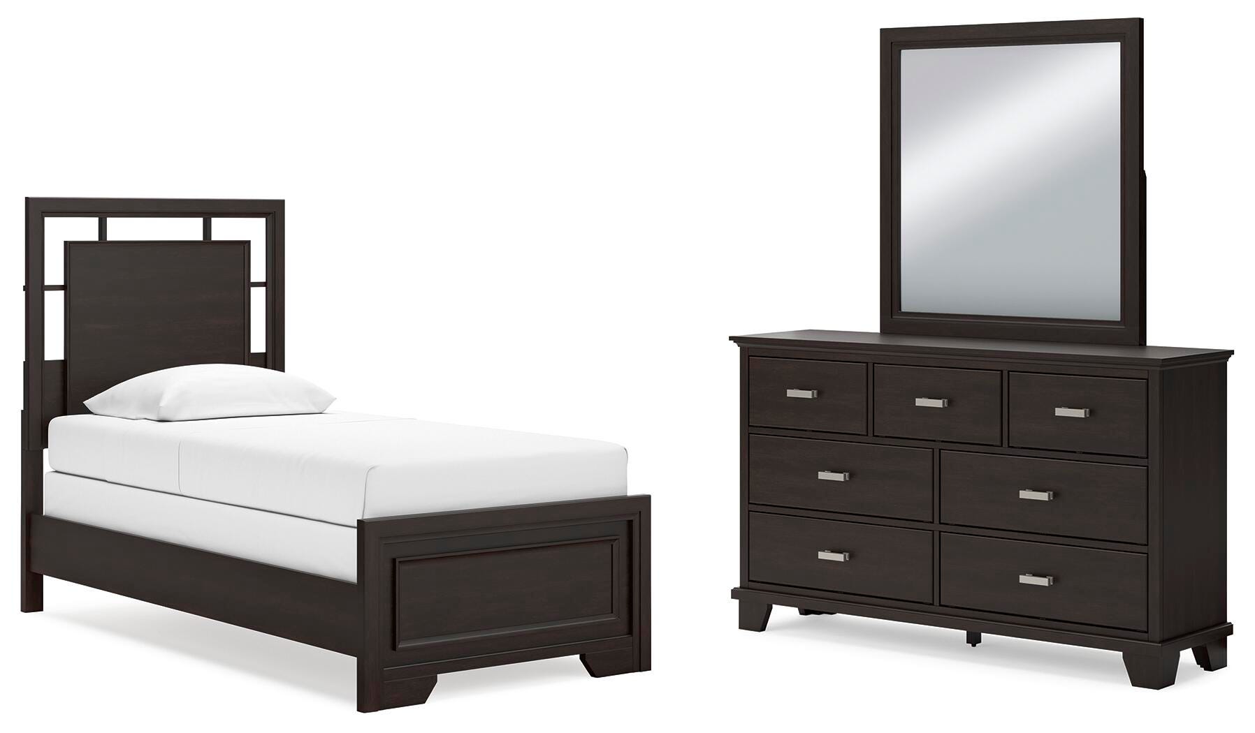 Click here for Covetown Twin Panel Bed with Mirrored Dresser  Dar... prices