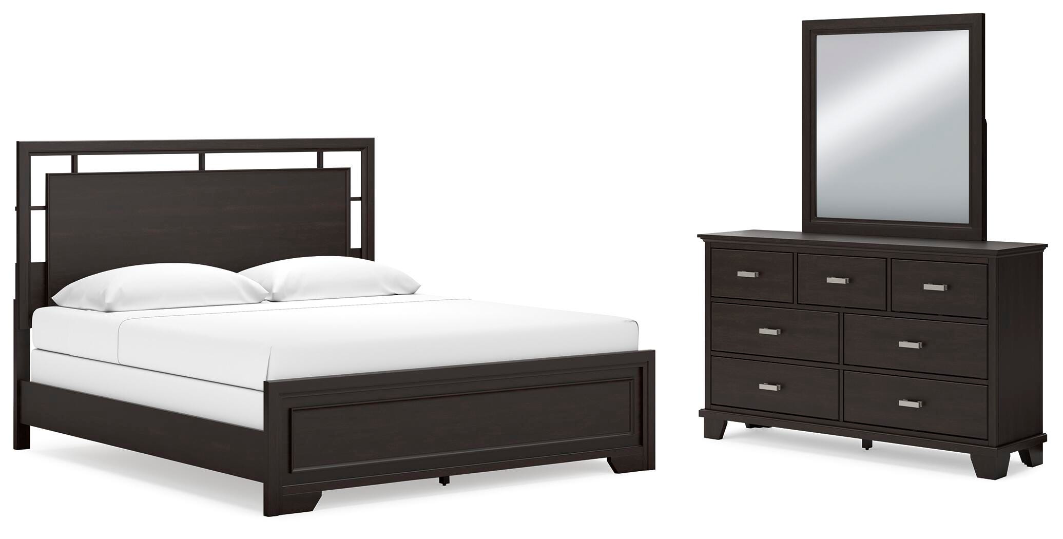Click here for Covetown King Panel Bed with Mirrored Dresser  Dar... prices