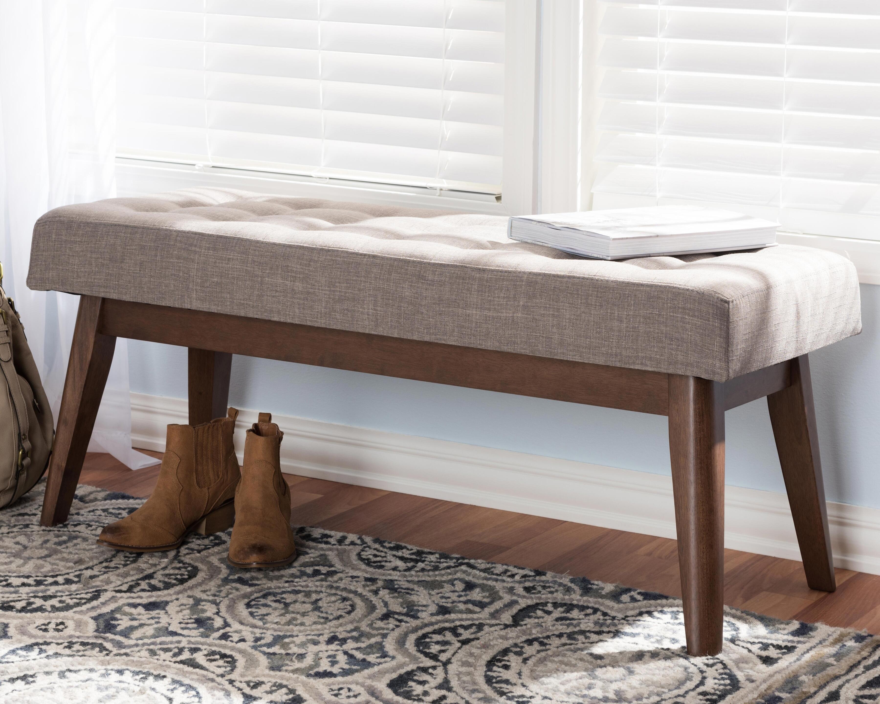 Click here for Elia Button-Tufted Bench  Light Gray/Walnut prices