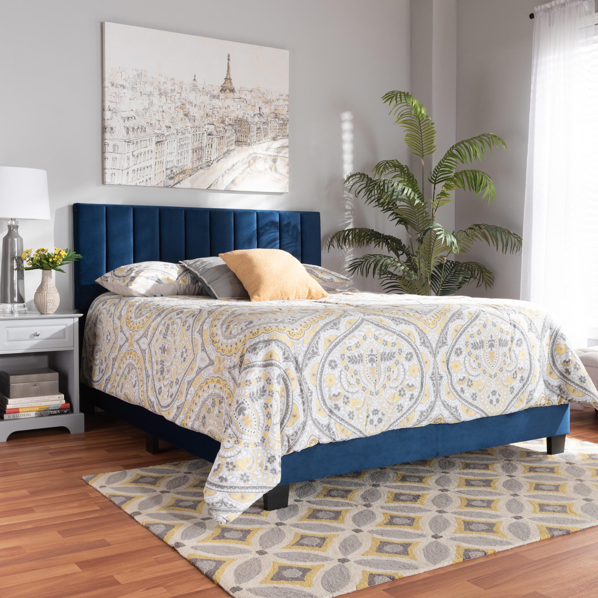 Click here for Clare Velvet Upholstered Panel Bed  Blue prices