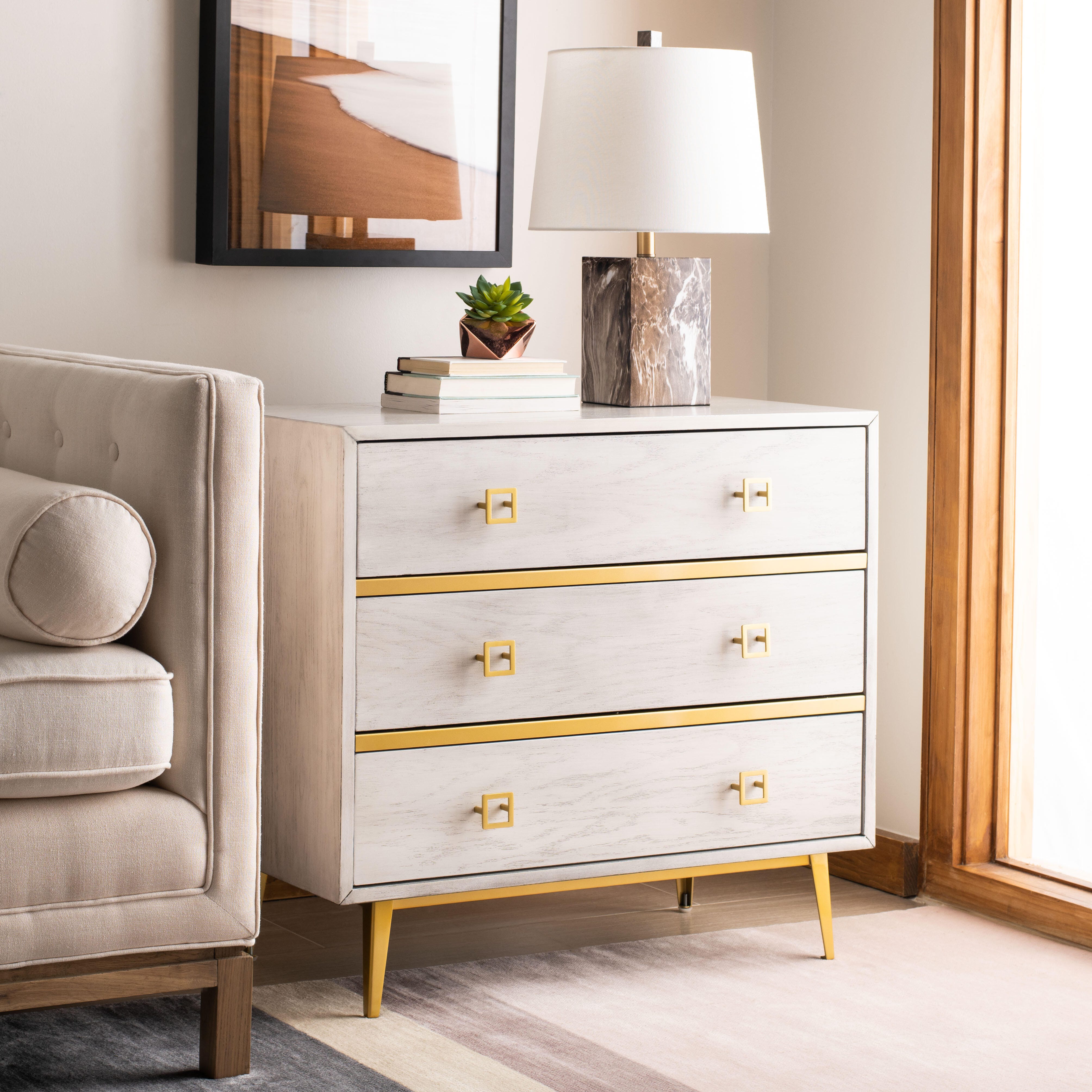 Click here for Katia 3 Drawer Chest  White Wash/Gold prices