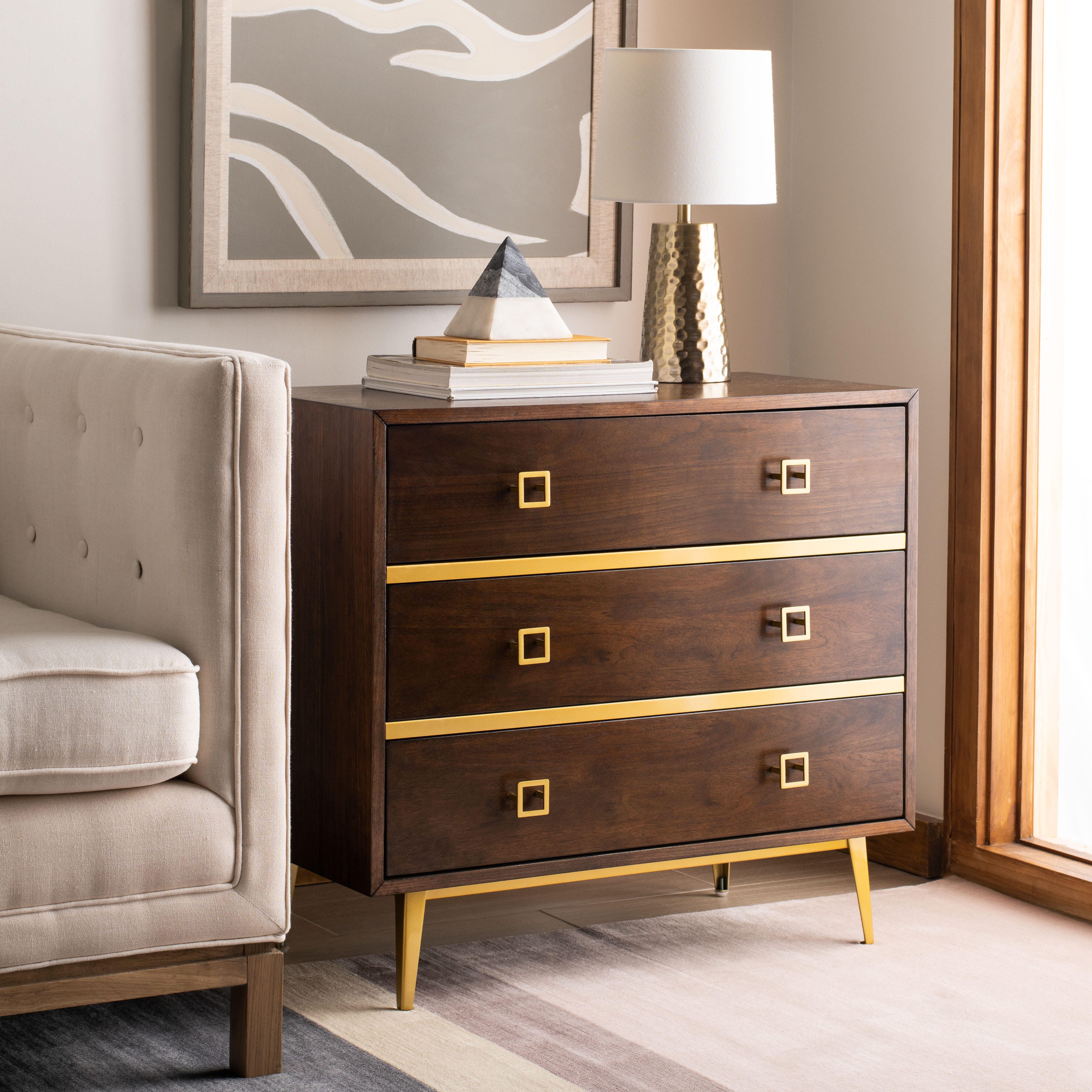 Click here for Katia 3 Drawer Chest  Walnut/Gold prices