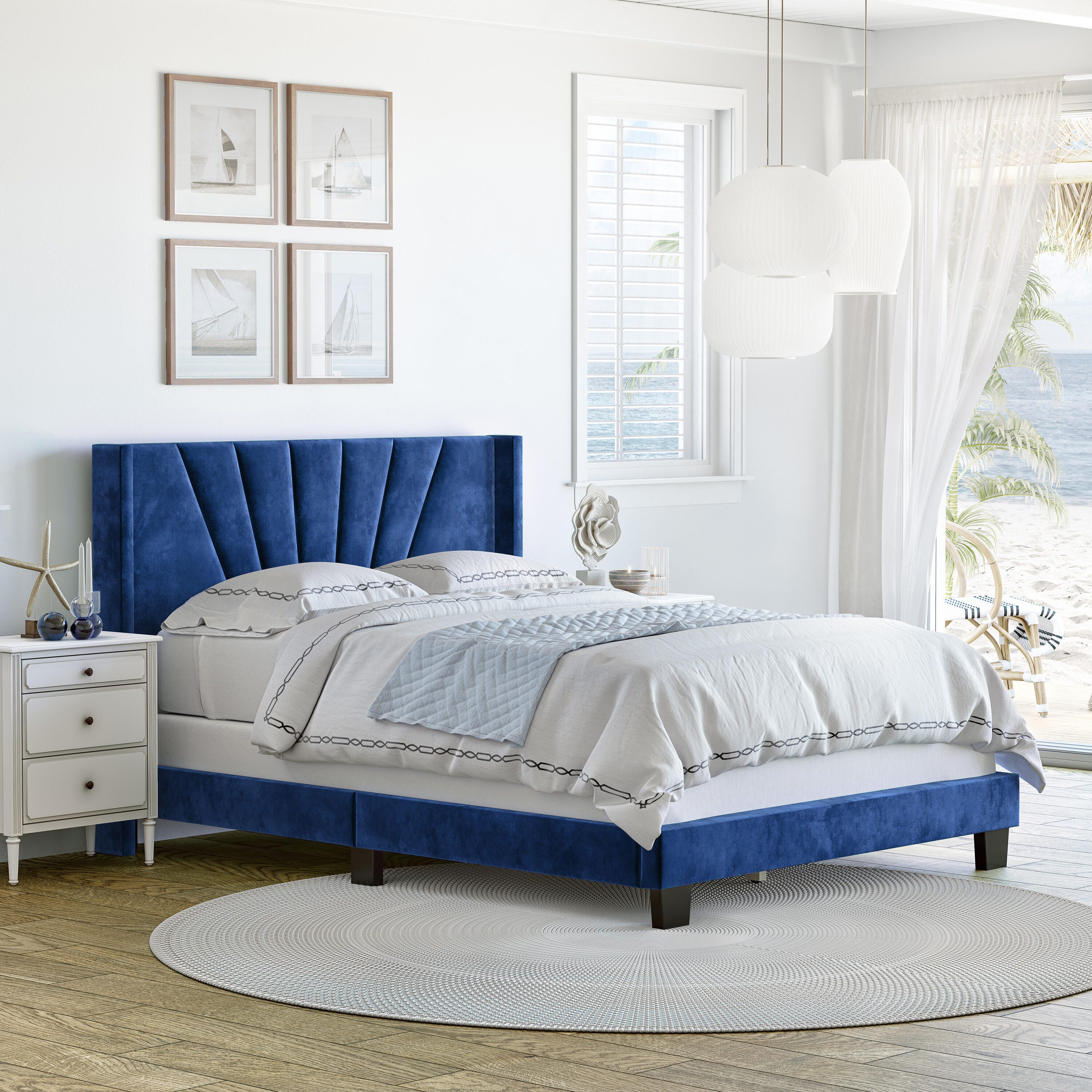 Click here for Zoeigh Queen Upholstered Velour Platform Bed  Blue prices