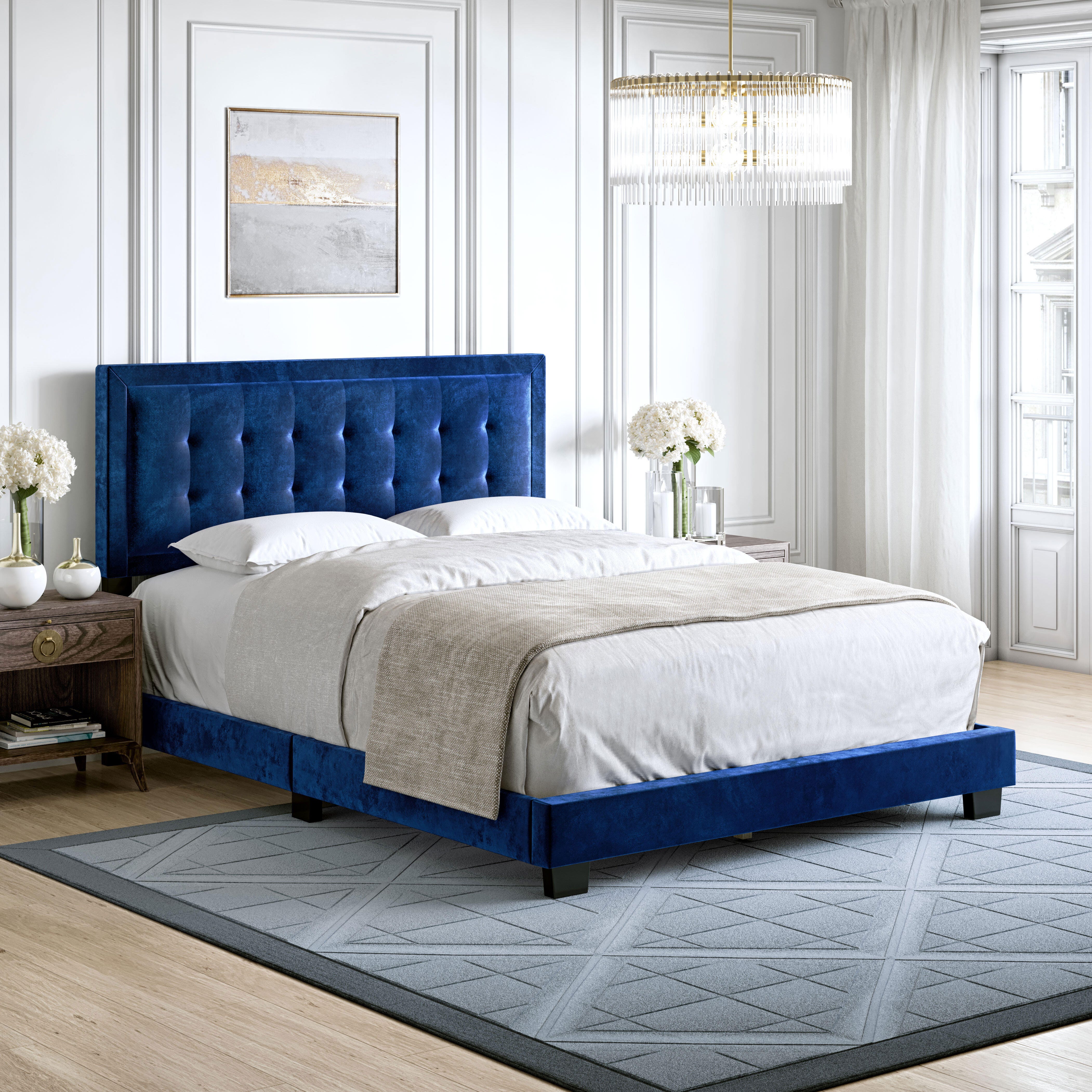 Click here for Shoshana Upholstered Velour Platform Bed  Blue prices