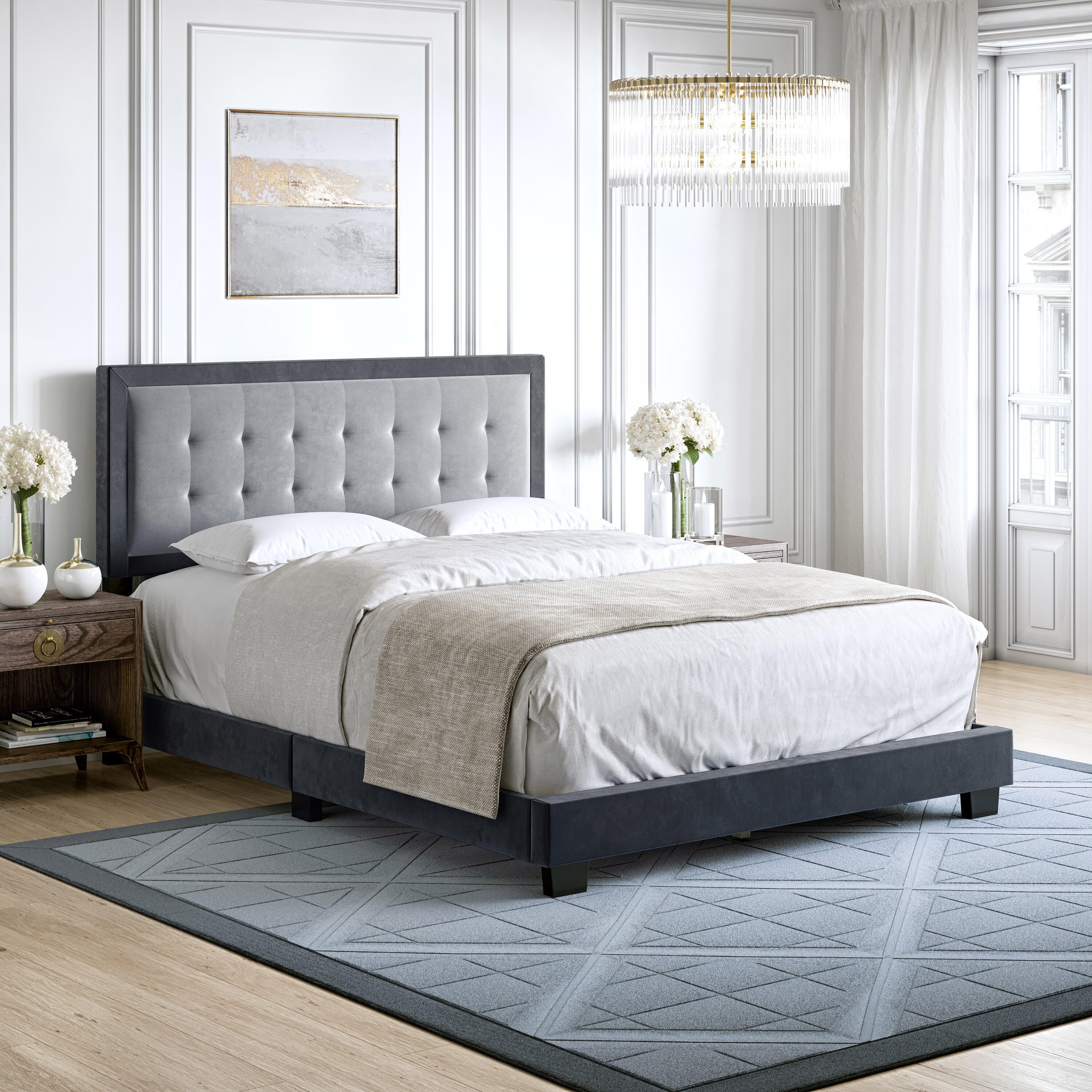 Click here for Shoshana Upholstered Velour Platform Bed  Gray prices