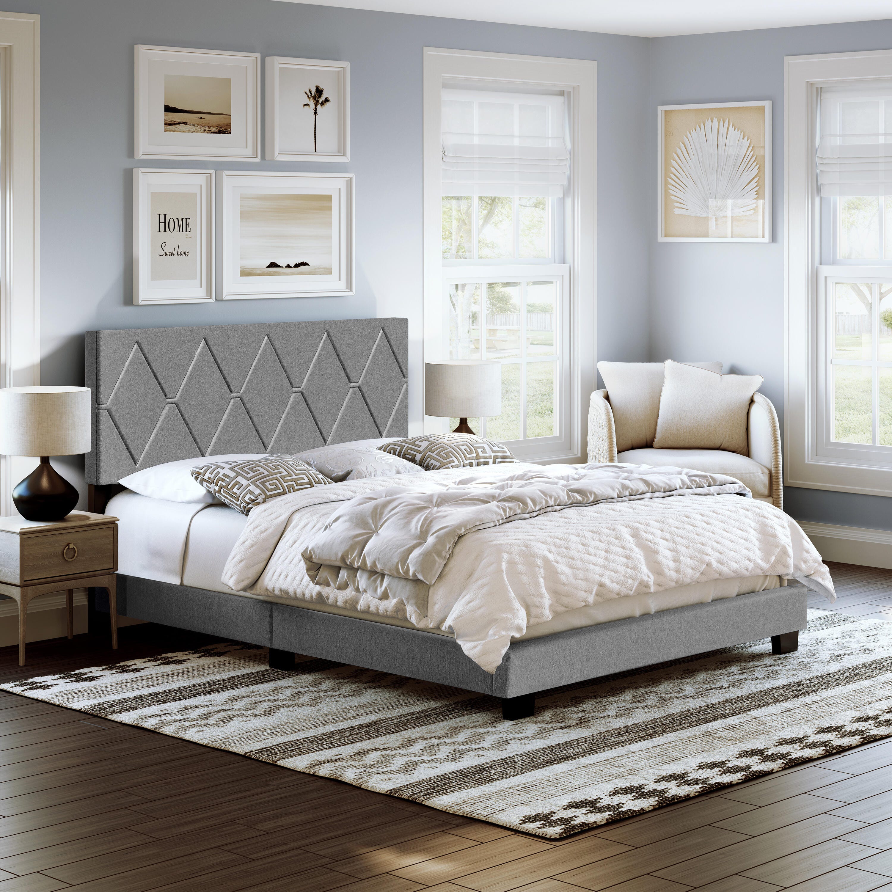 Click here for Destry Queen Upholstered Linen Platform Bed  Gray prices