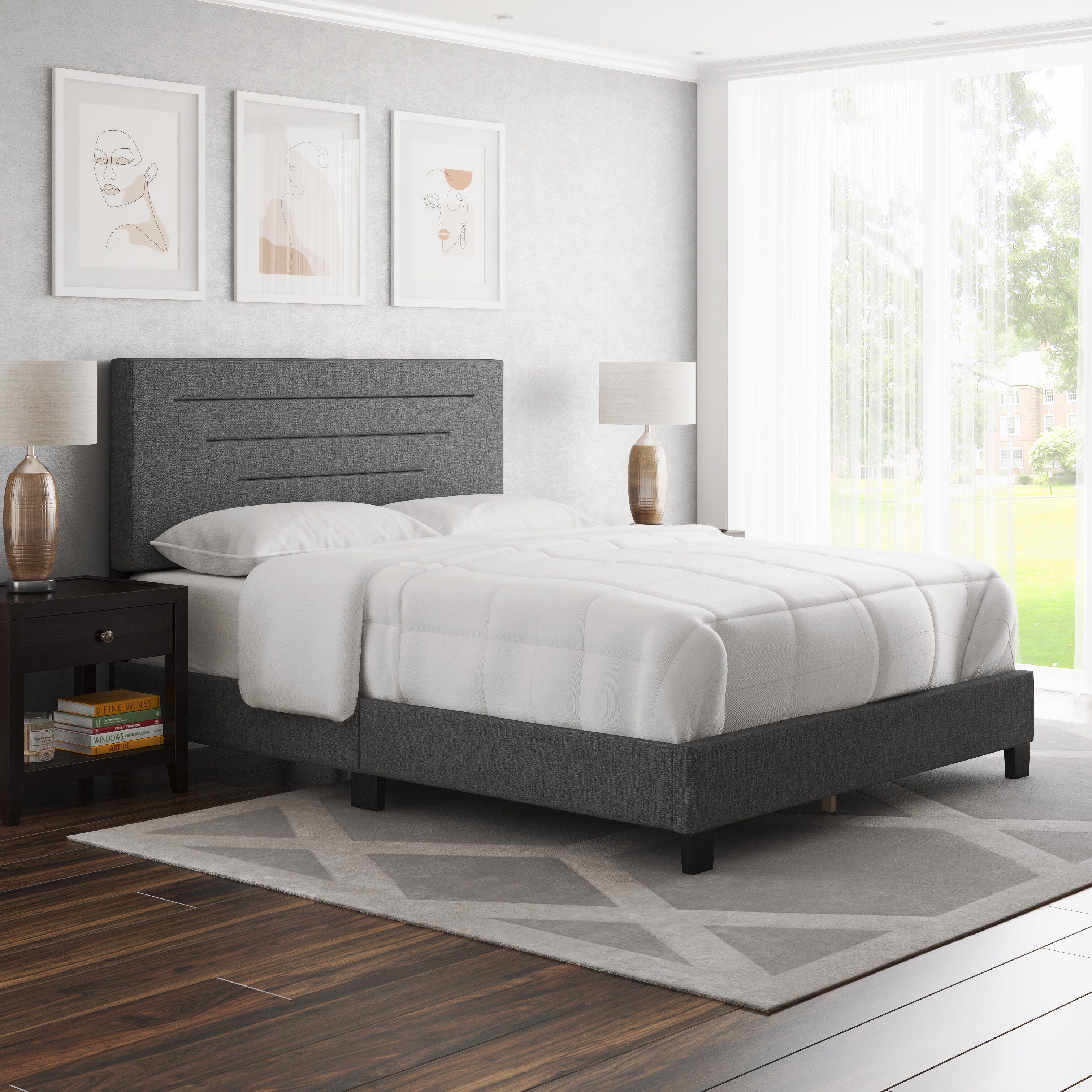 Click here for Aurelius Upholstered Linen Platform Bed  Charcoal prices