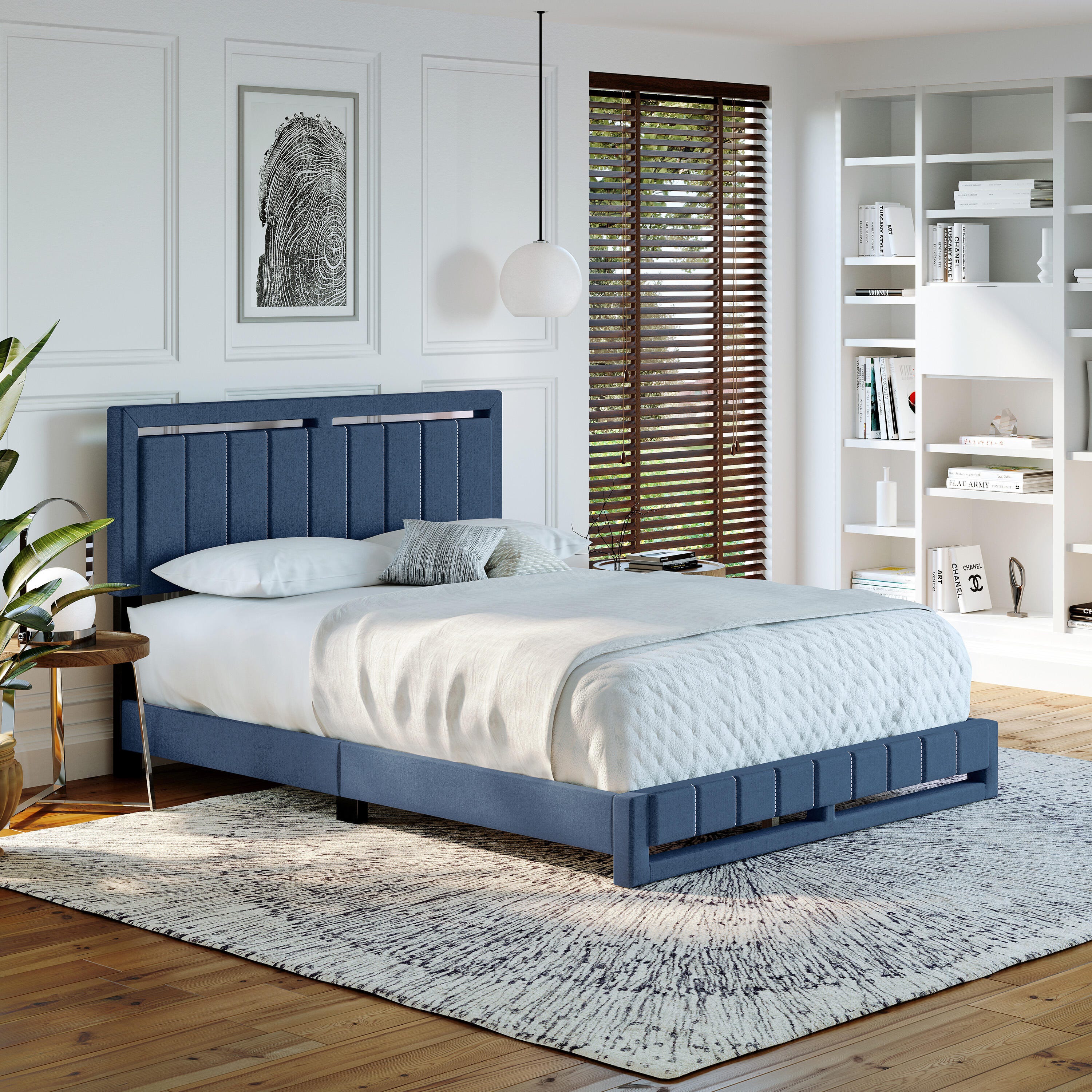 Click here for Roza Queen Upholstered Linen Platform Bed  Blue prices