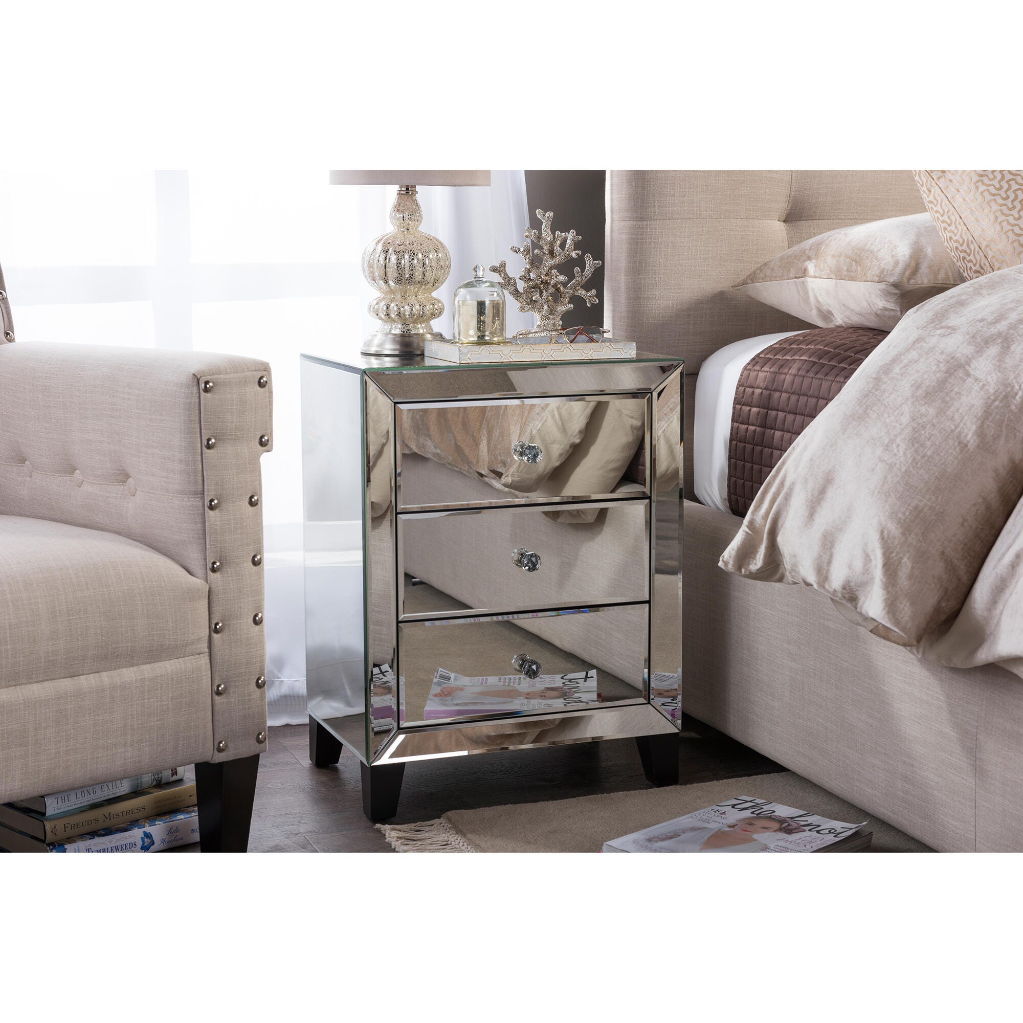 Click here for Chevron Modern Mirrored 3 Drawer Nightstand  Silve... prices