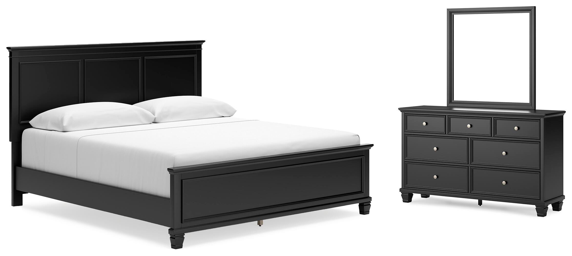 Click here for Lanolee King Panel Bed with Mirrored Dresser  Blac... prices