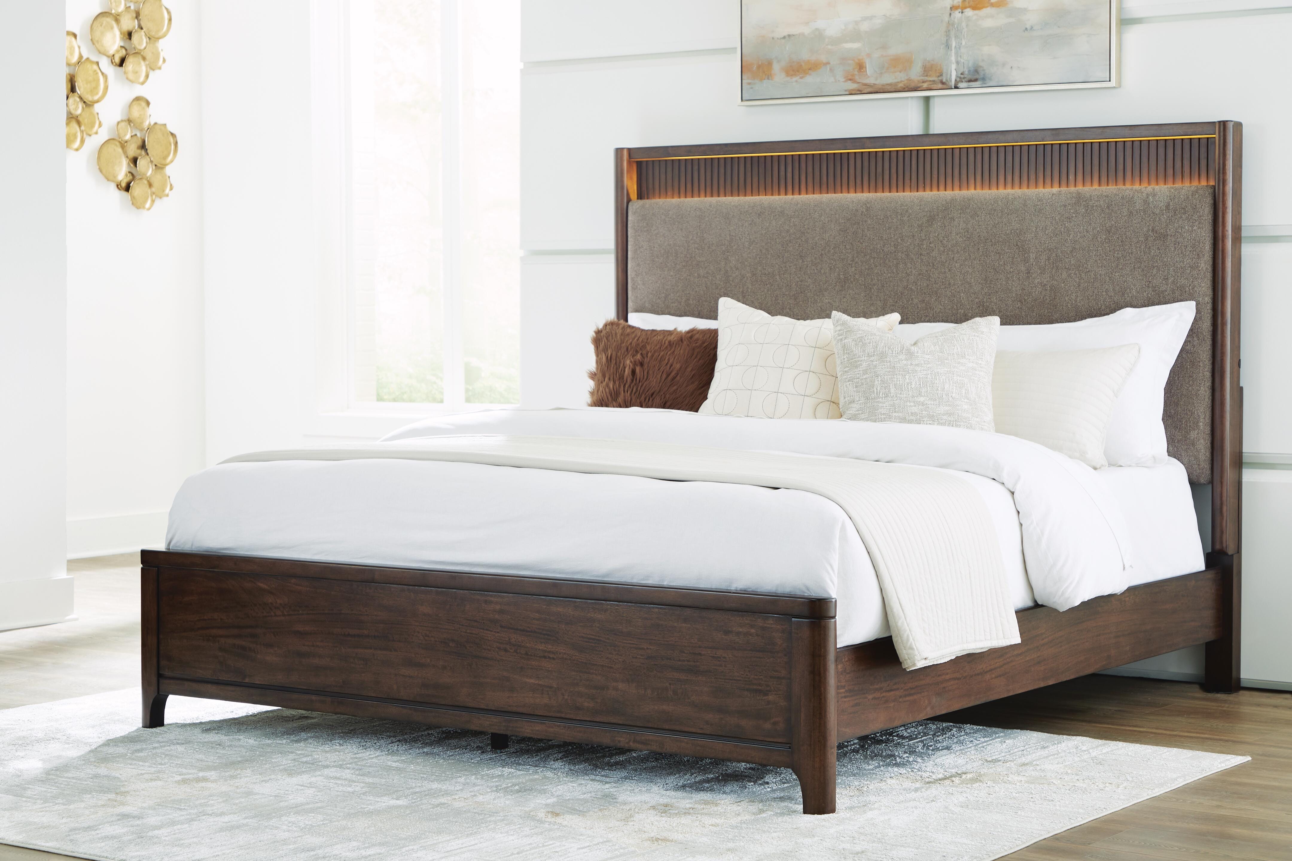 Click here for Korestone King Upholstered Panel Bed  Dark Brown prices