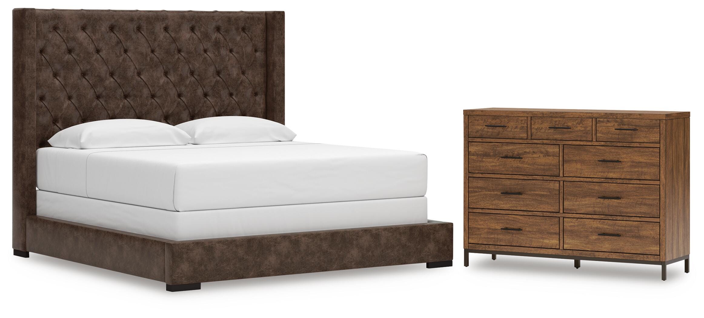Click here for Steenlage King Upholstered Bed with Dresser  Brown prices