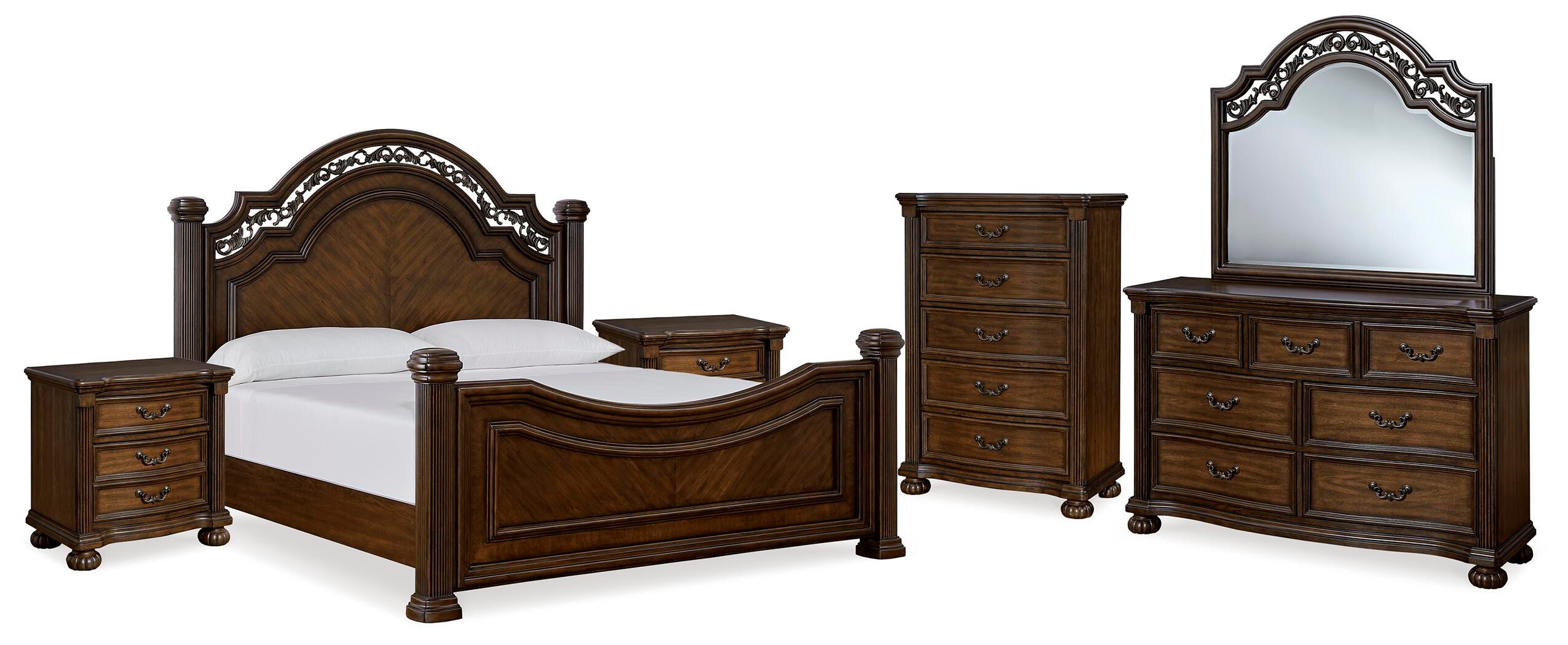 Lavinton King Poster Bed with Mirrored Dresser, Chest and 2 Nightstands