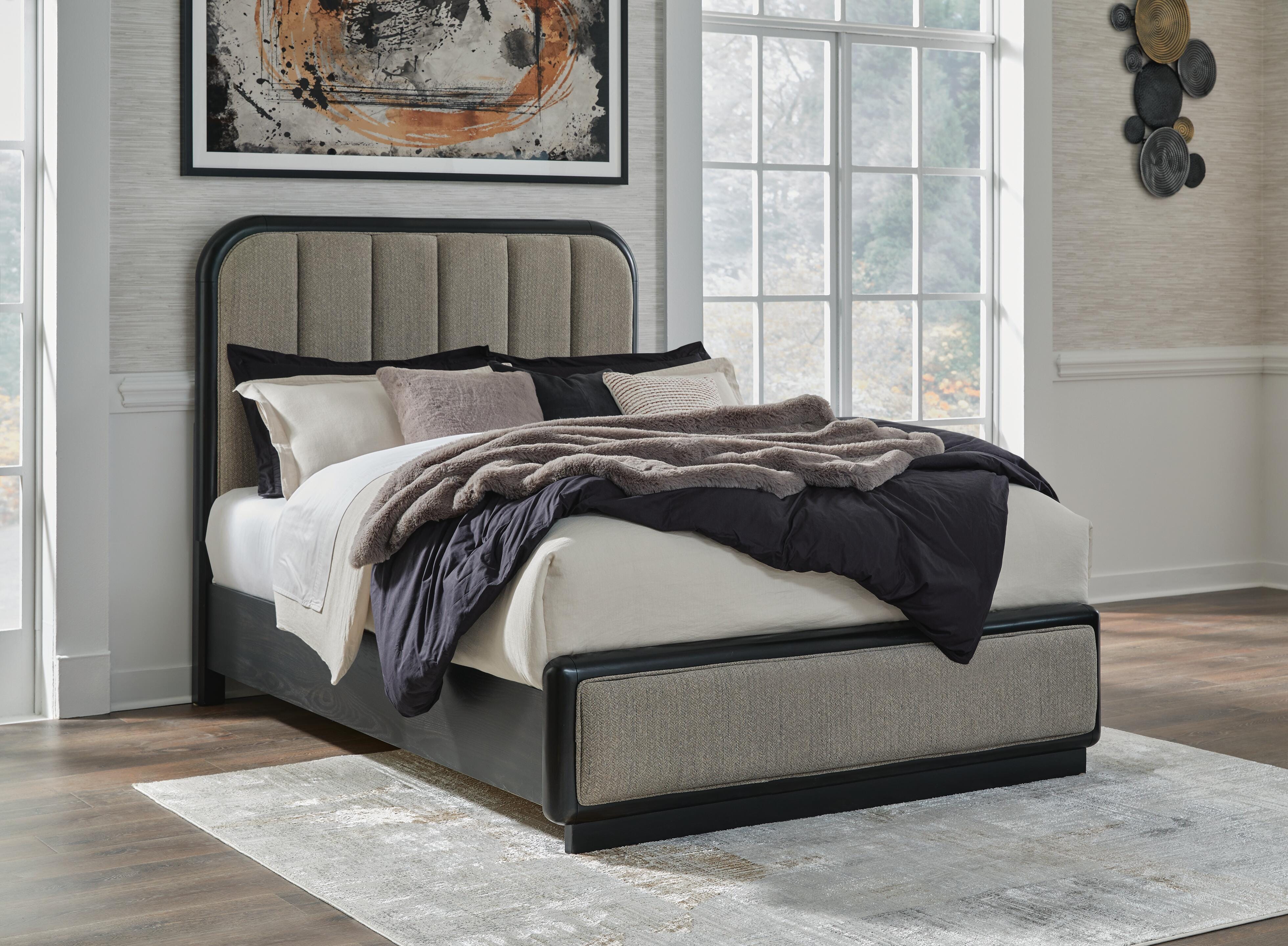 Click here for Rowanbeck Queen Upholstered Panel Bed  Gray/Black prices