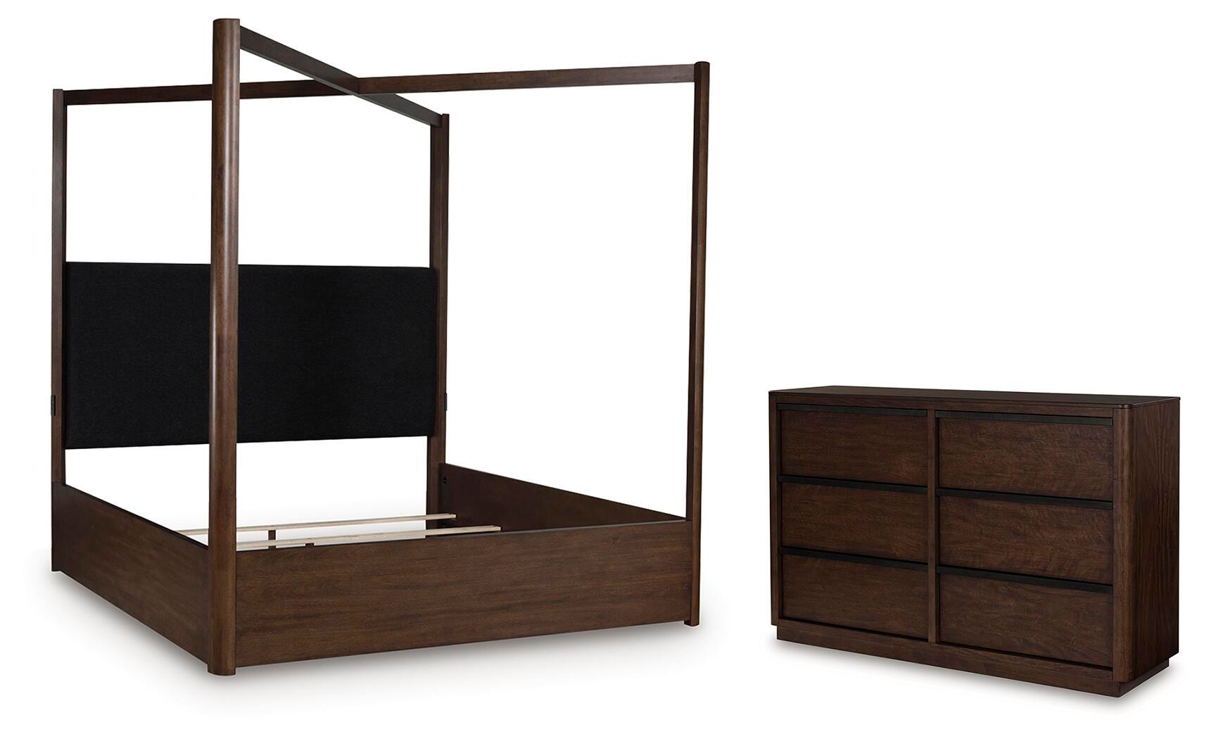 Click here for Kendamor Queen Canopy Bed with Dresser  Dark Brown prices