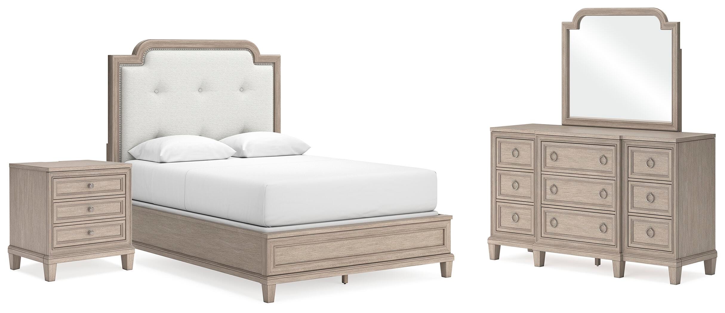 Click here for Jorlaina Queen Upholstered Panel Bed with Mirrored... prices