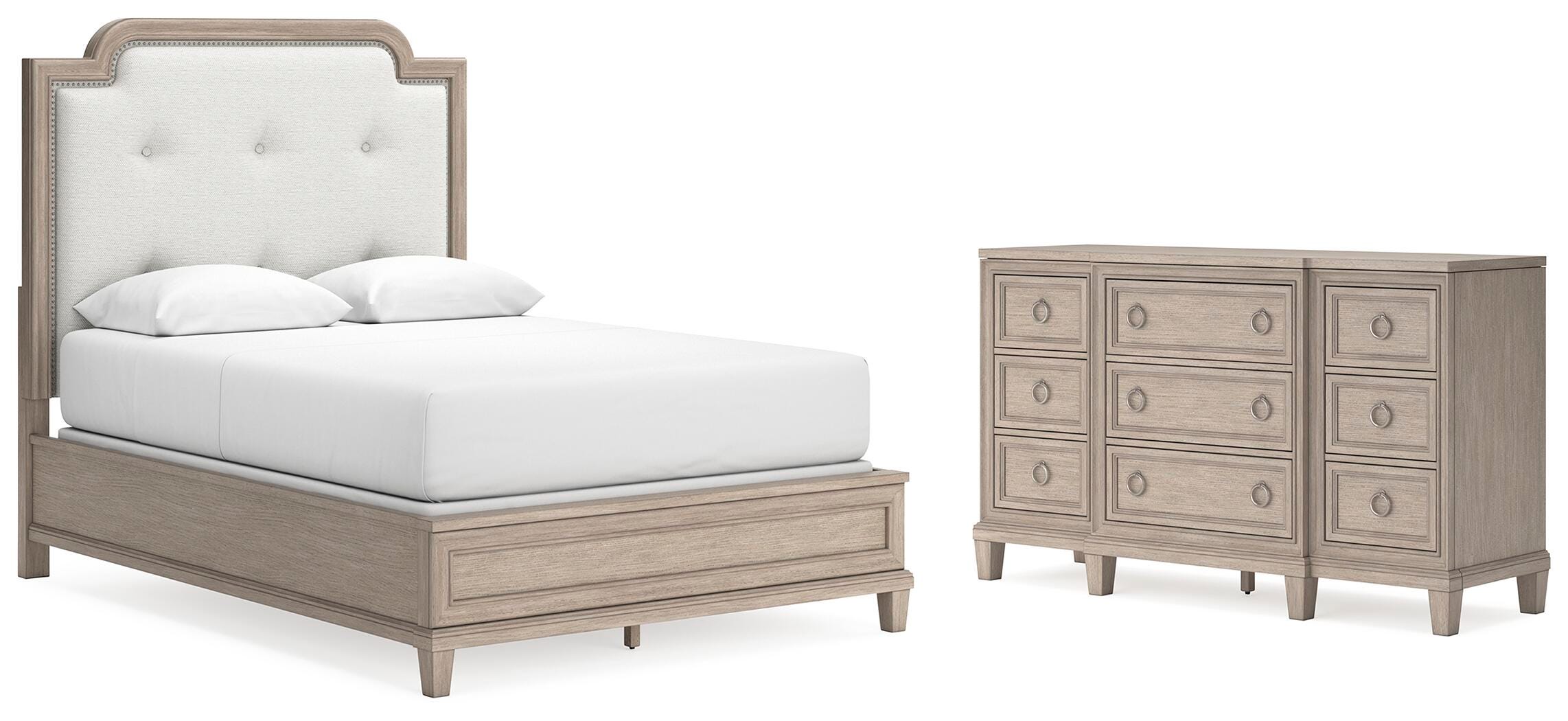 Click here for Jorlaina Queen Upholstered Panel Bed with Dresser... prices