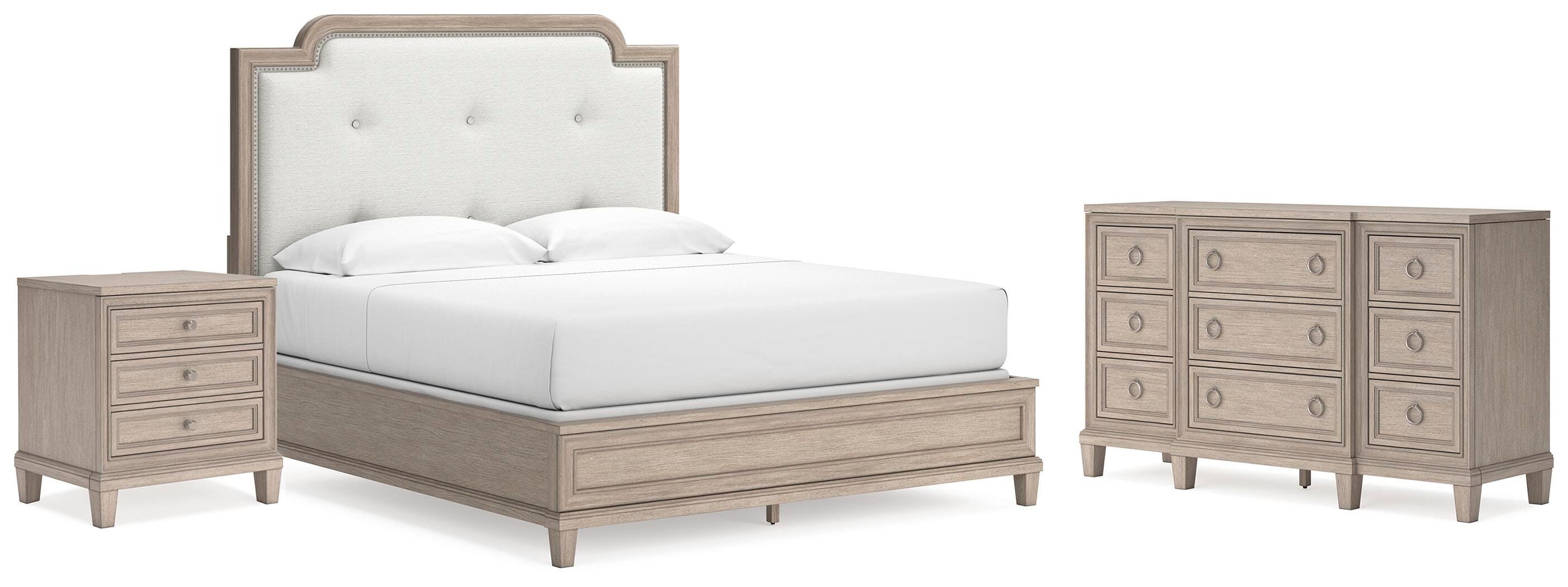 Click here for Jorlaina King Upholstered Panel Bed with Dresser a... prices