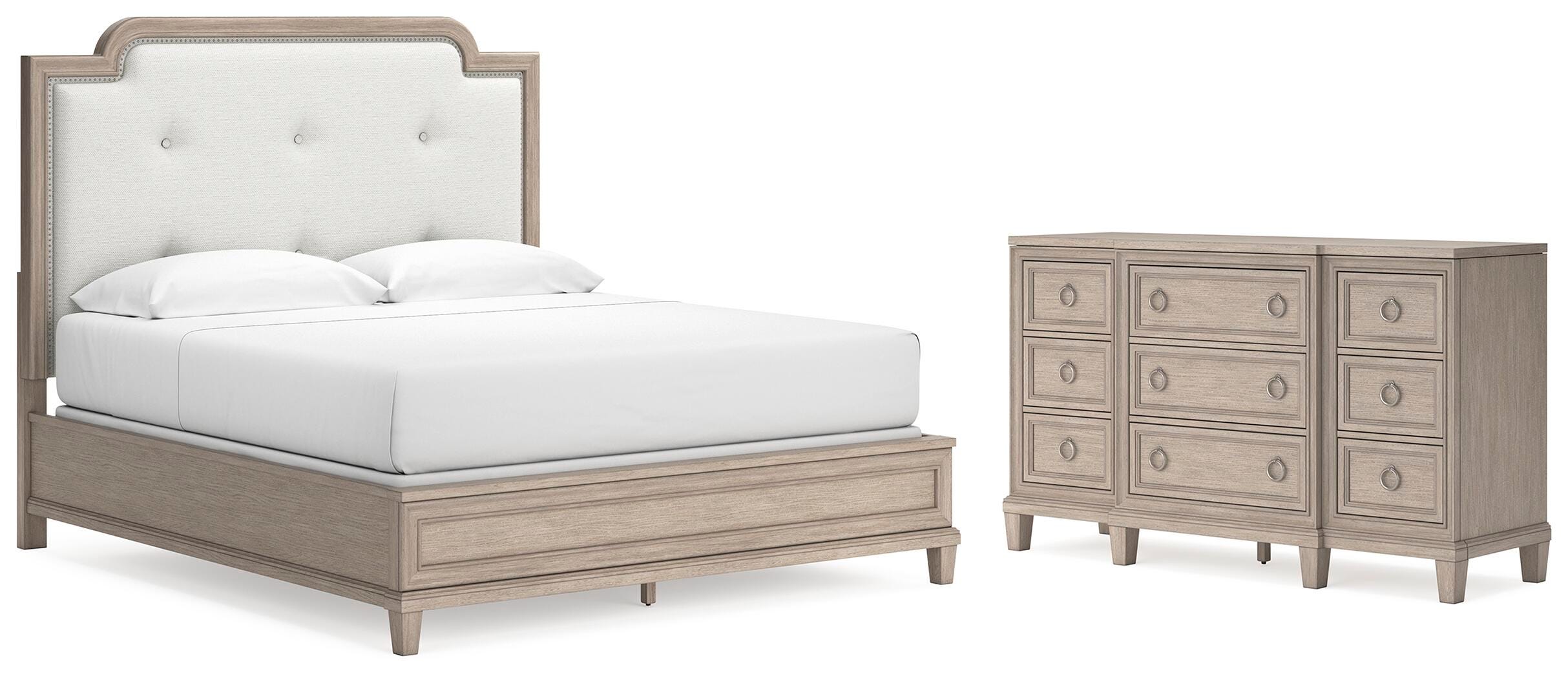 Click here for Jorlaina King Upholstered Panel Bed with Dresser... prices