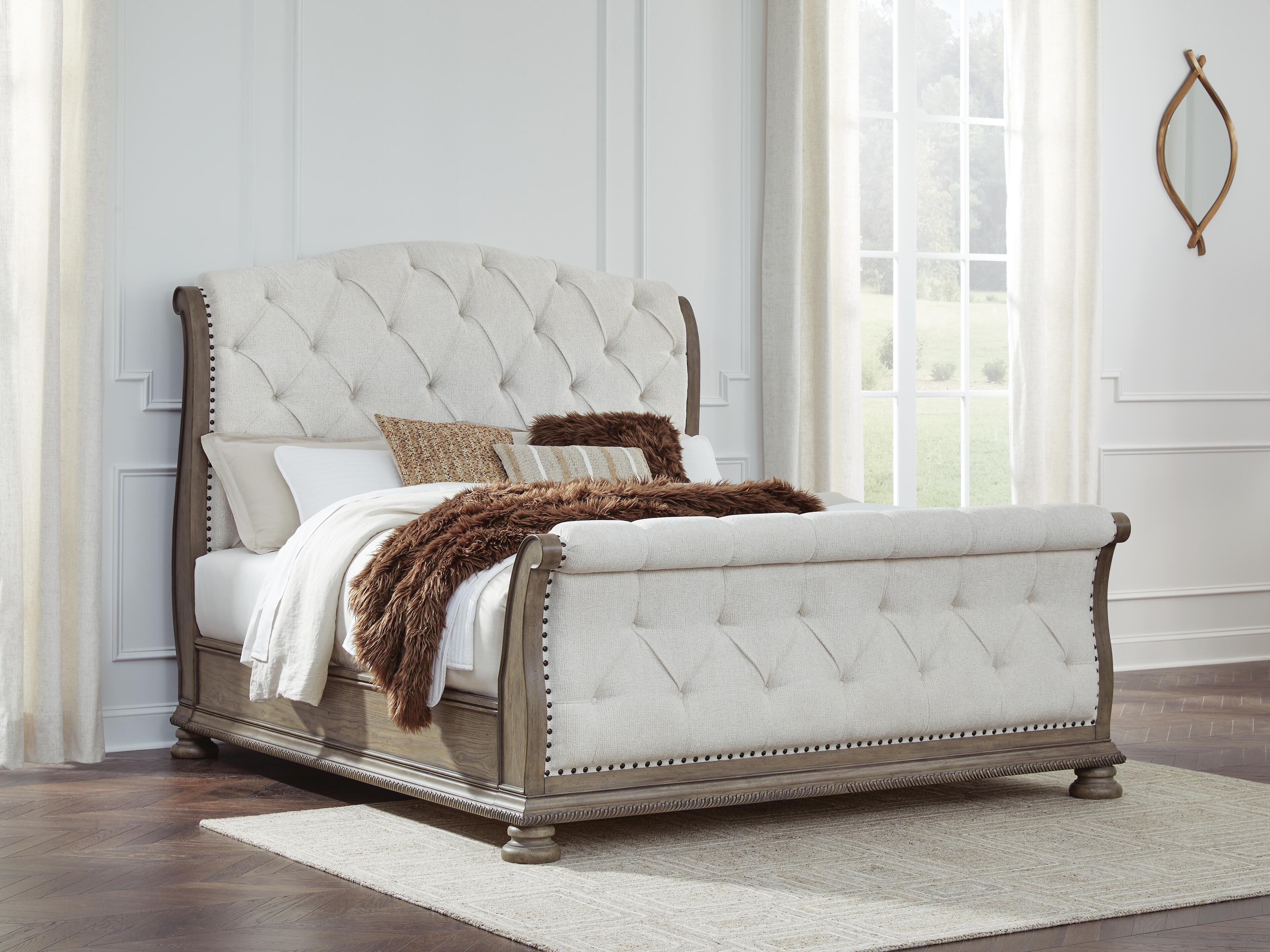 Click here for Ardenfield King Upholstered Sleigh Bed  Light Brow... prices