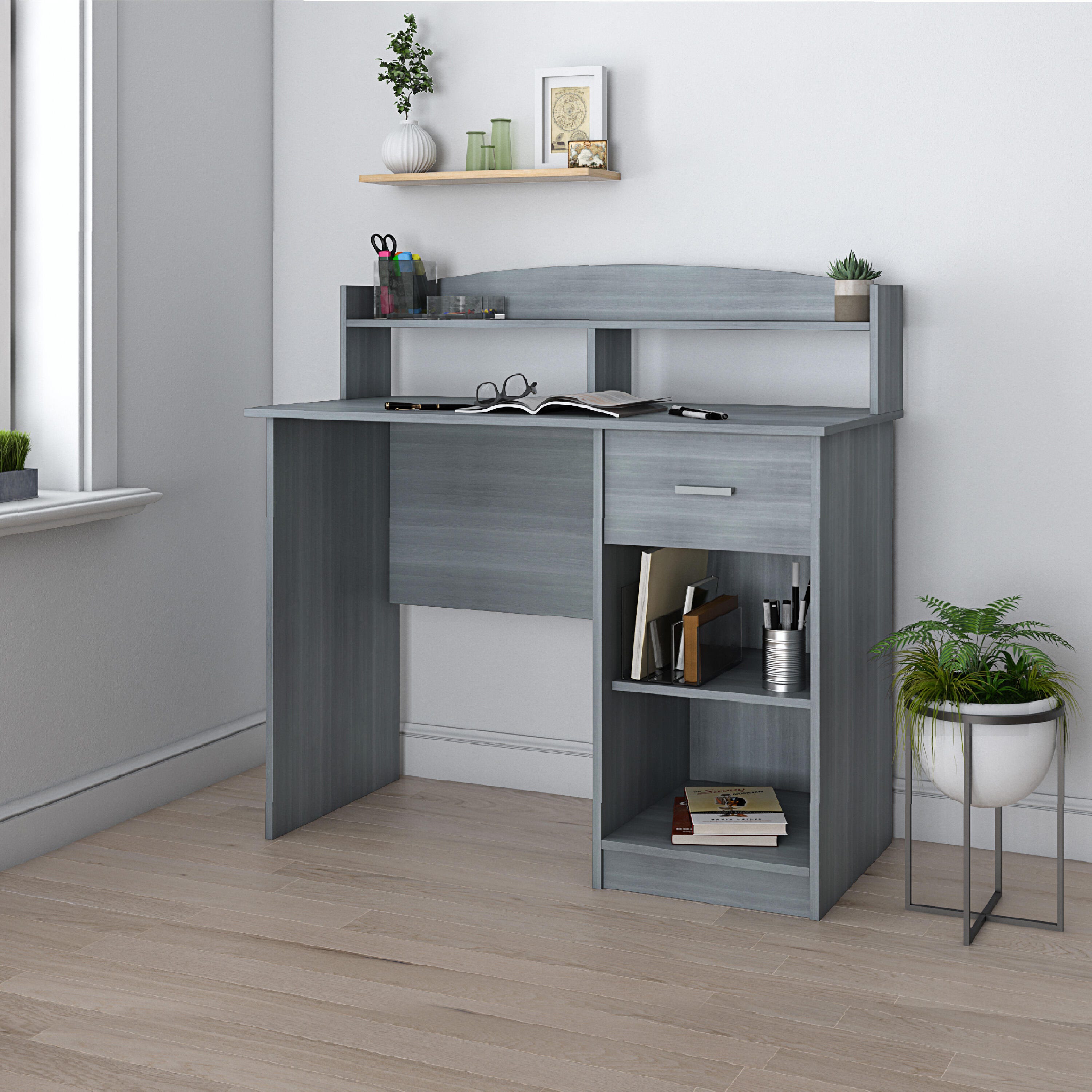 Click here for Techni Mobili Modern Office Desk with Hutch  Gray prices