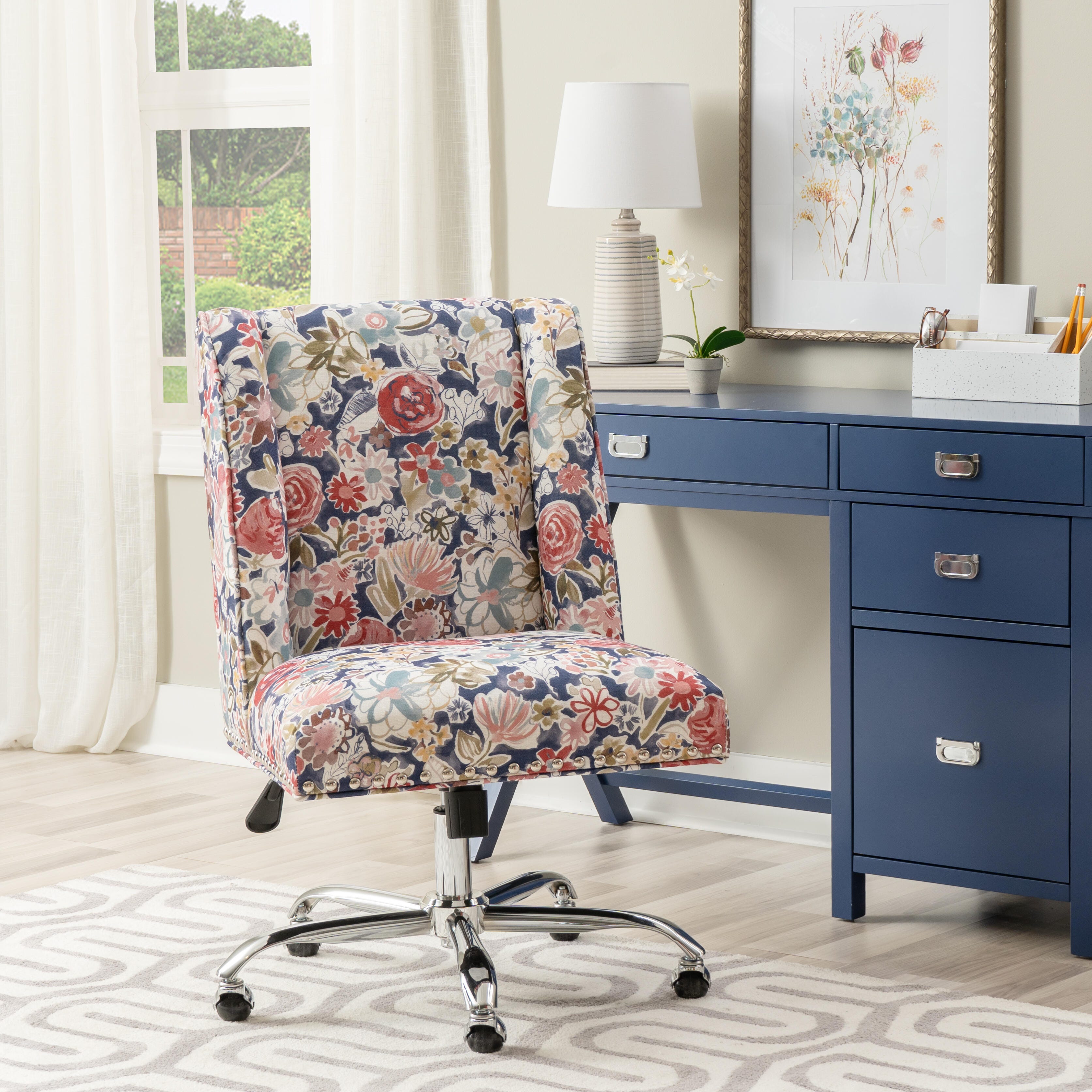 Click here for Linon Draper Home Office Desk Chair  Navy Floral prices