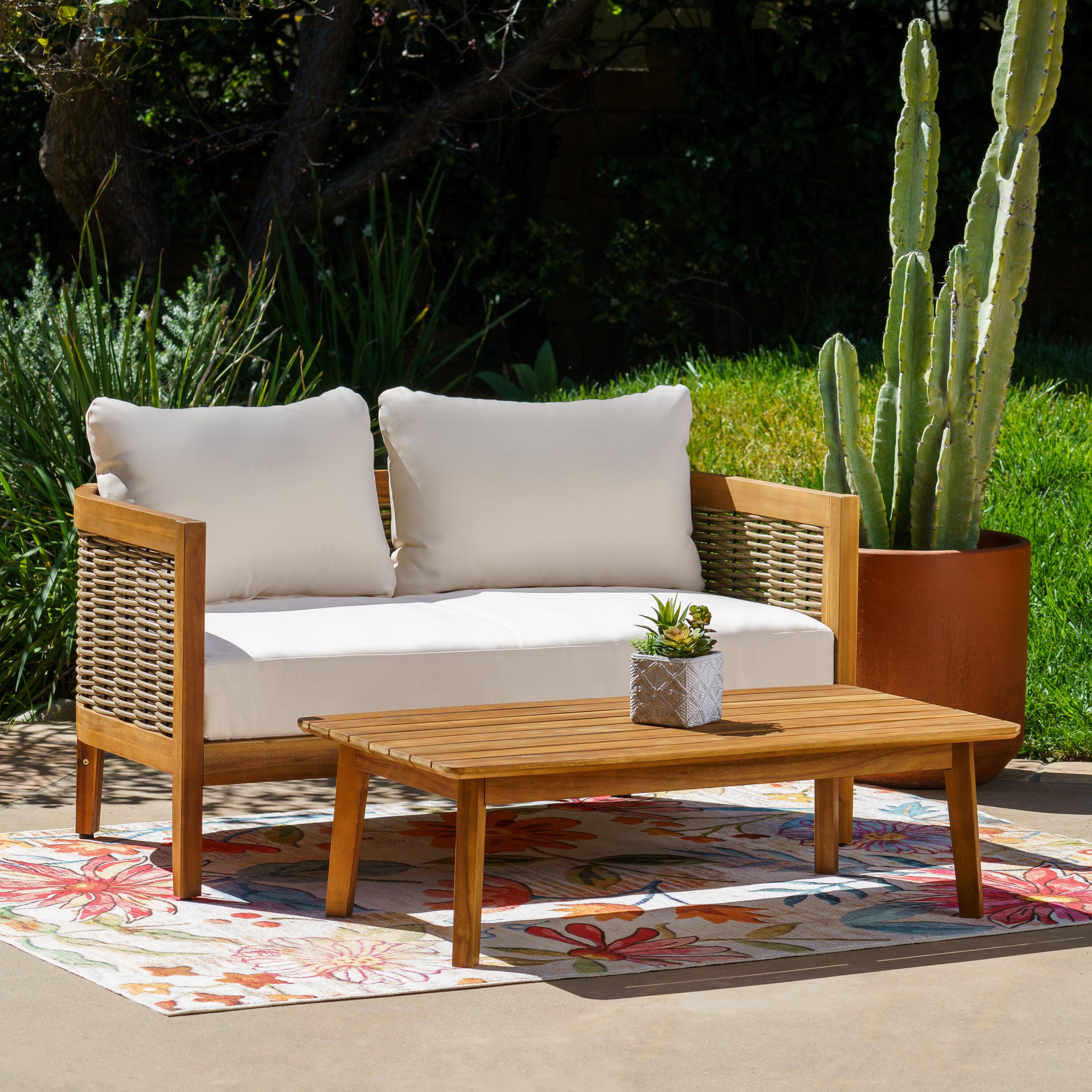 Click here for Linon Outdoor Loveseat and Table  Brown prices