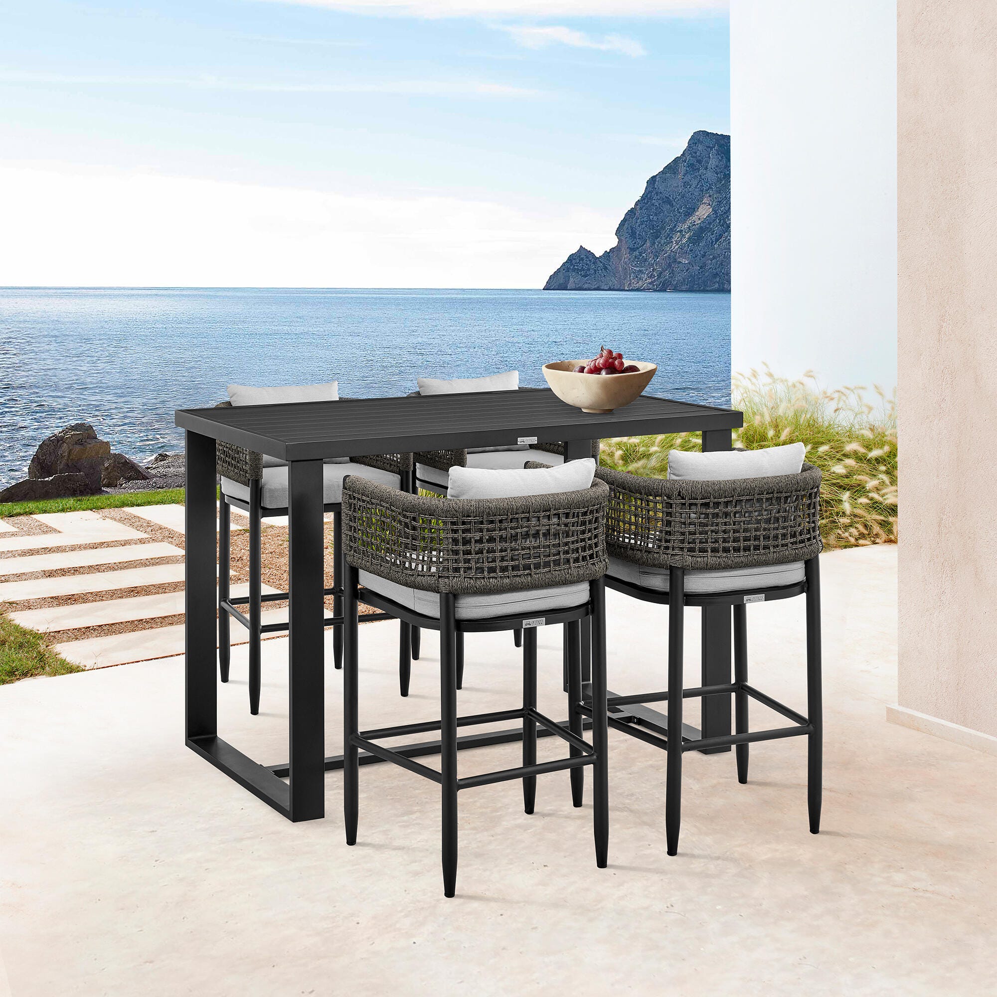 Click here for Alegria Outdoor Patio Bar Table and 4 Bar Stools... prices