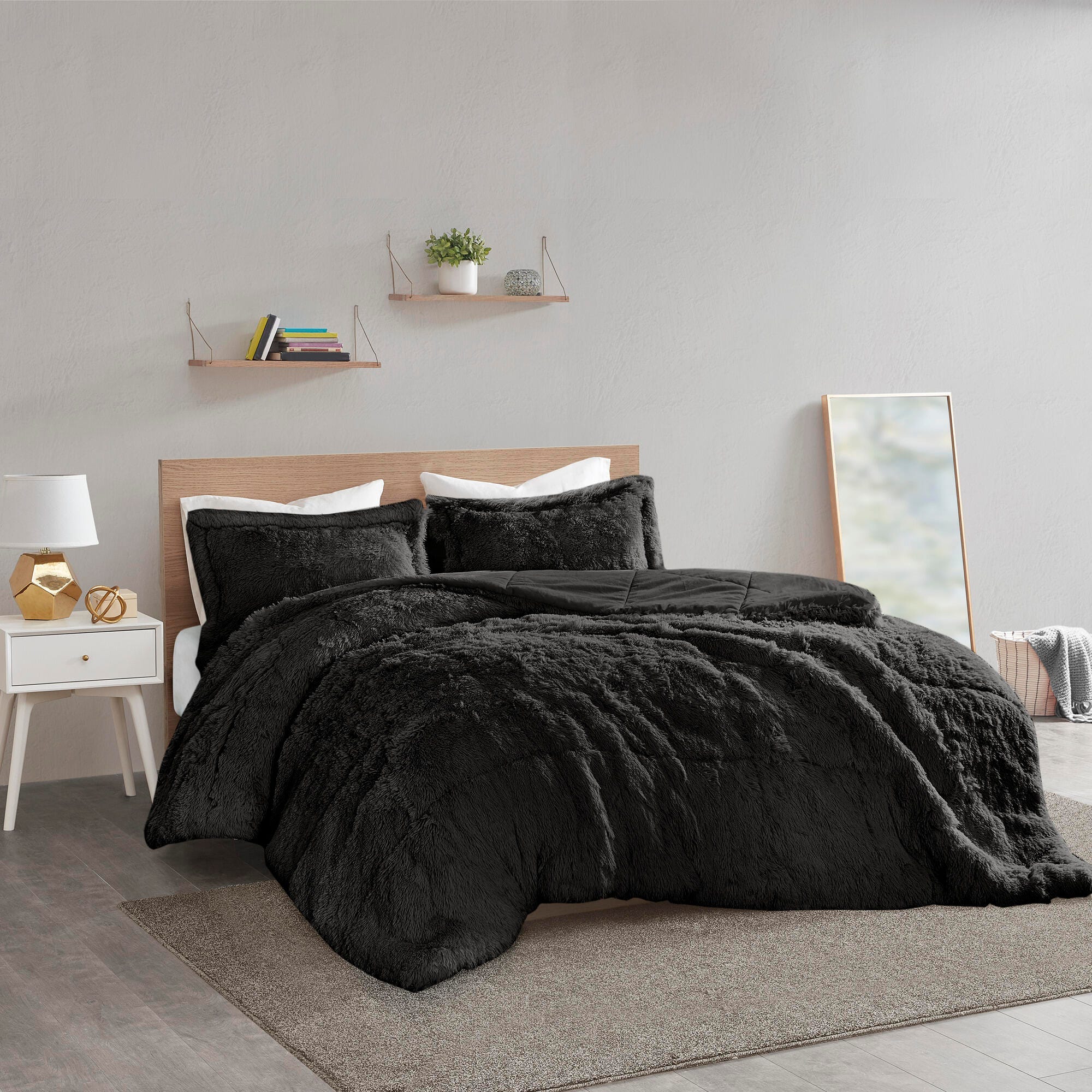 Click here for Leena Shaggy Long Fur Comforter Mini Set  Black prices