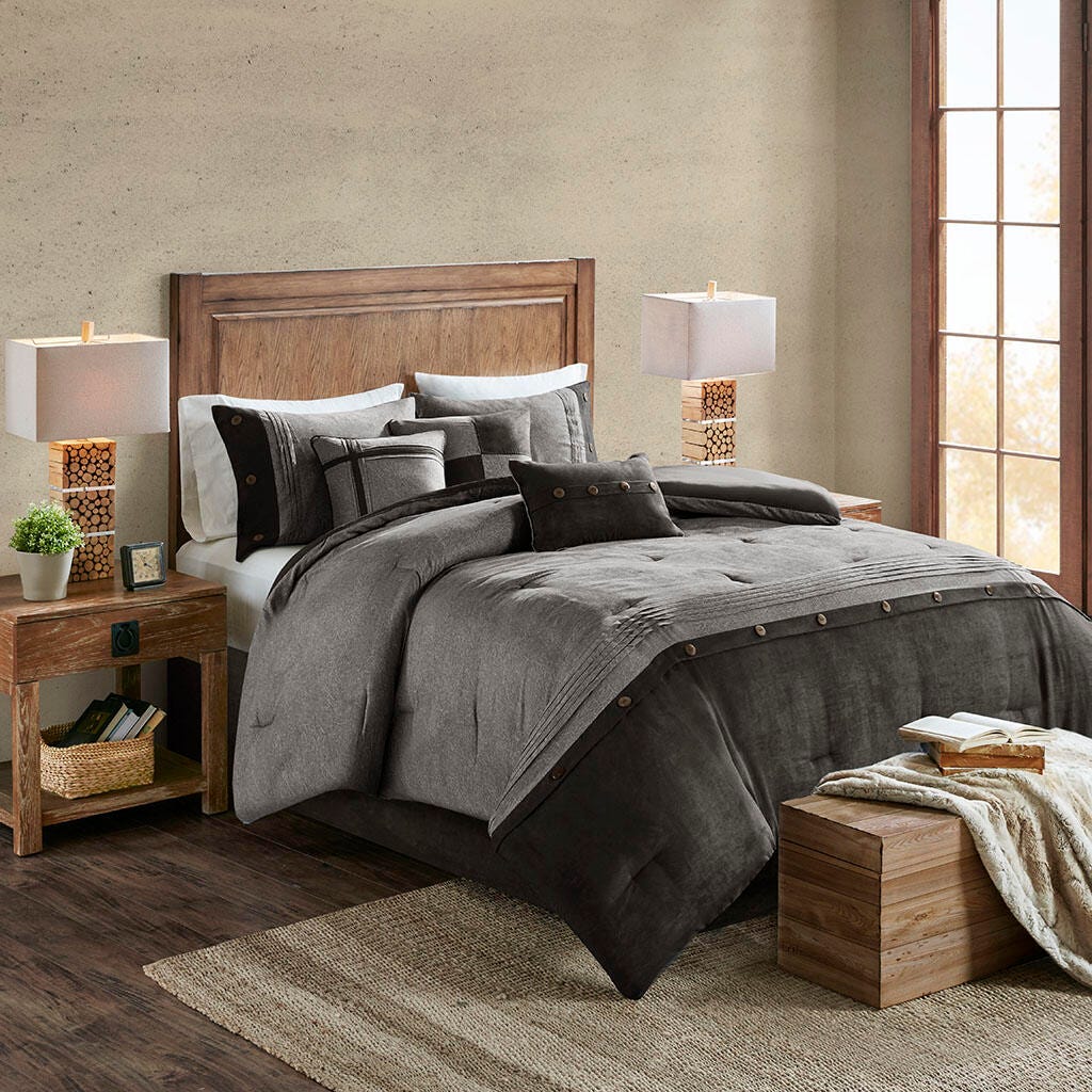 Click here for Boone Queen 7 Piece Faux Suede Comforter Set  Gray prices