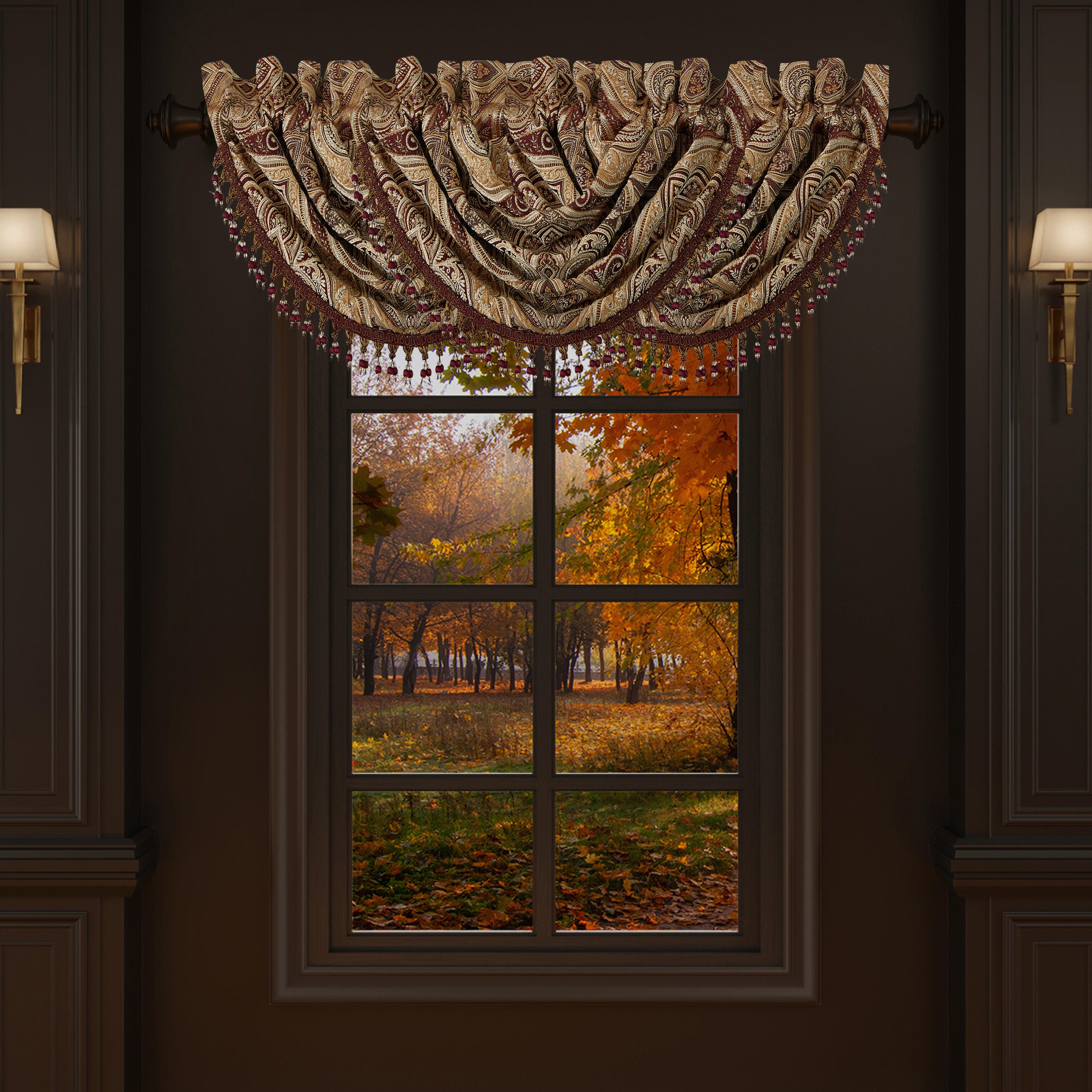 Click here for Five Queens Court Bordeaux Window Waterfall Valanc... prices